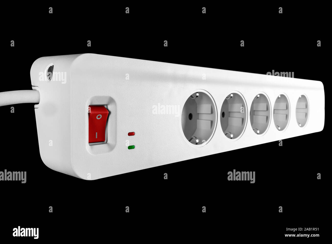 The surge protector isolated on black background. Closeup of electrical ...