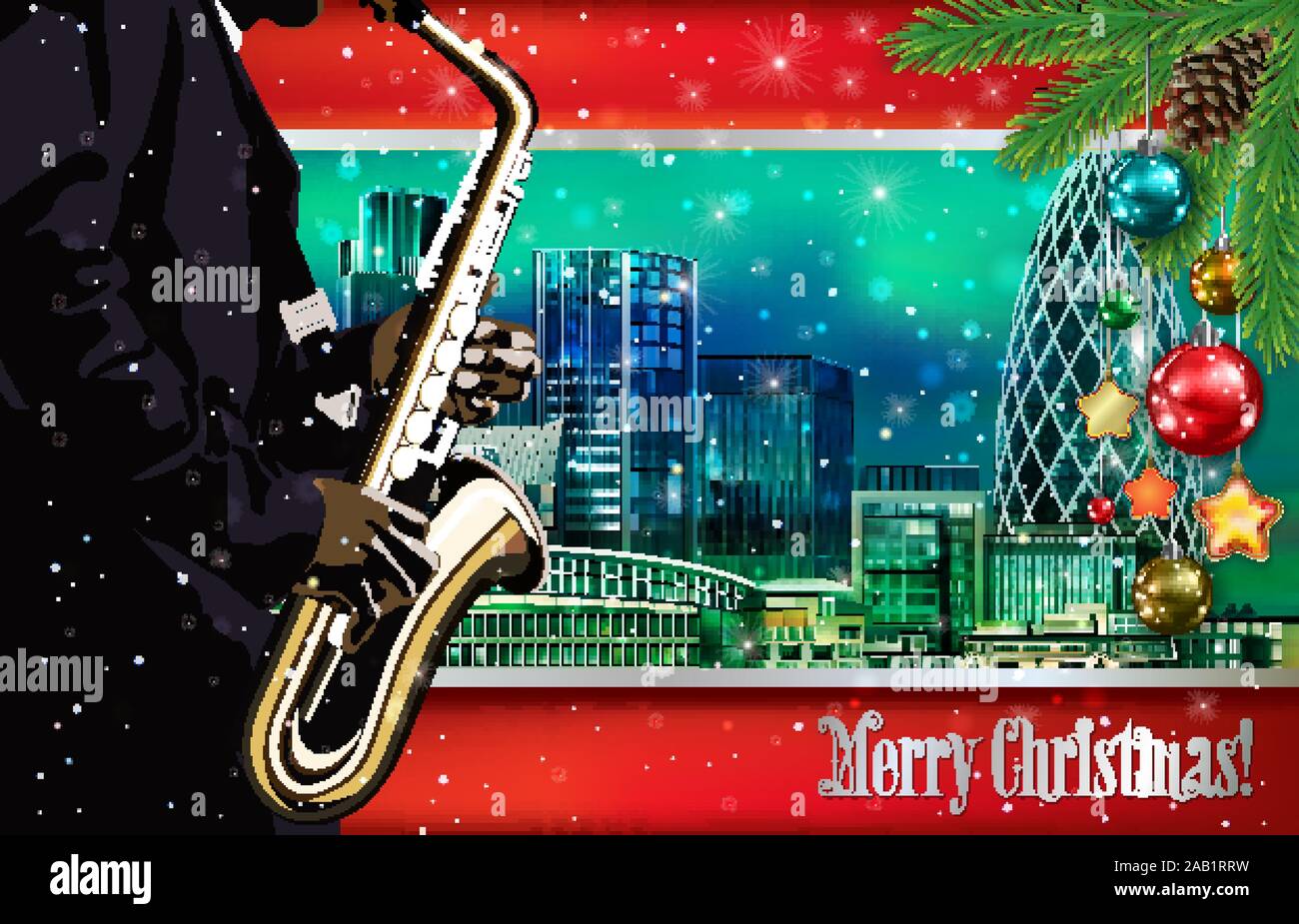 Christmas green red illustration with saxophone player on cityscape of ...
