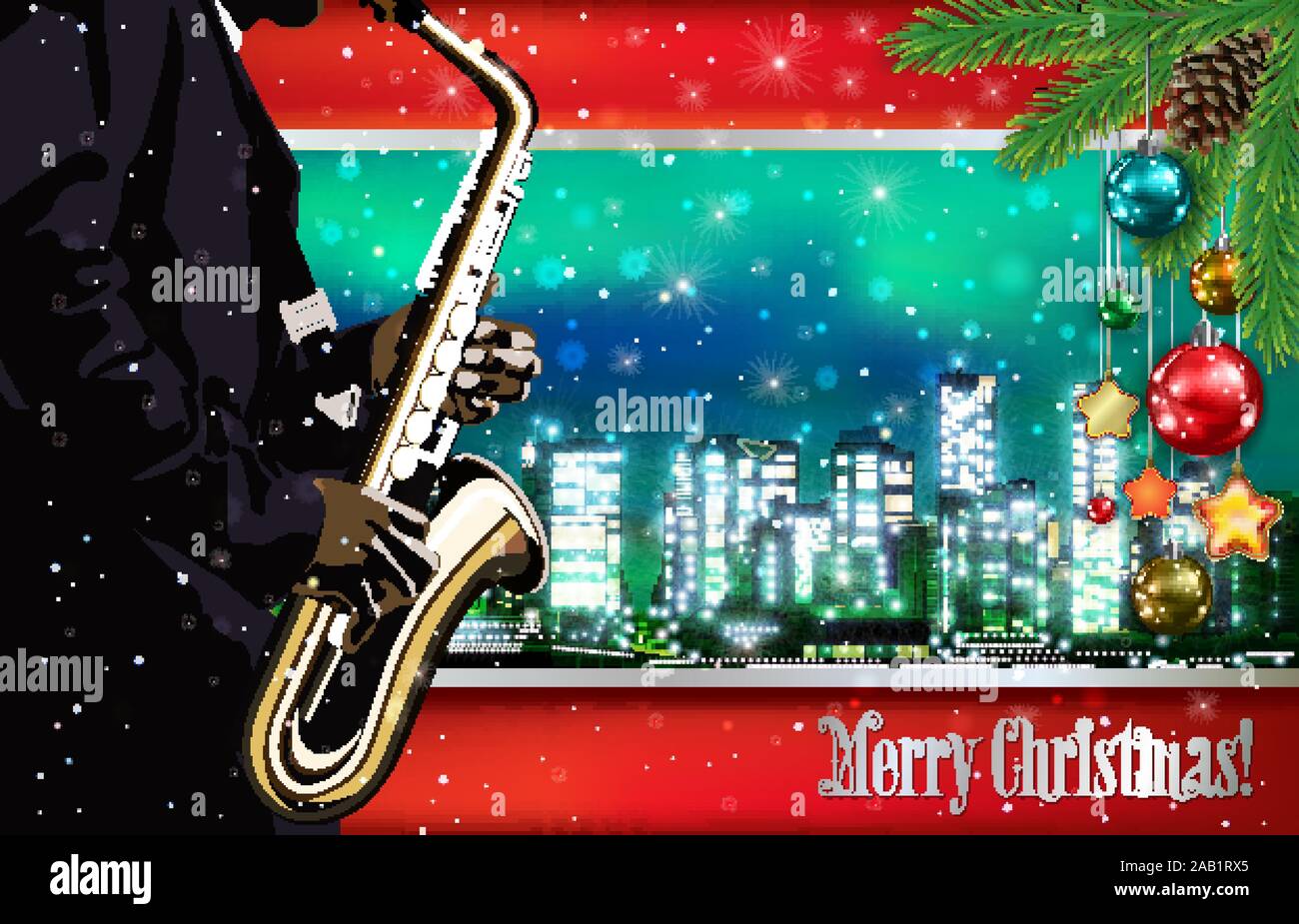 Christmas green red illustration with saxophone player on cityscape of ...