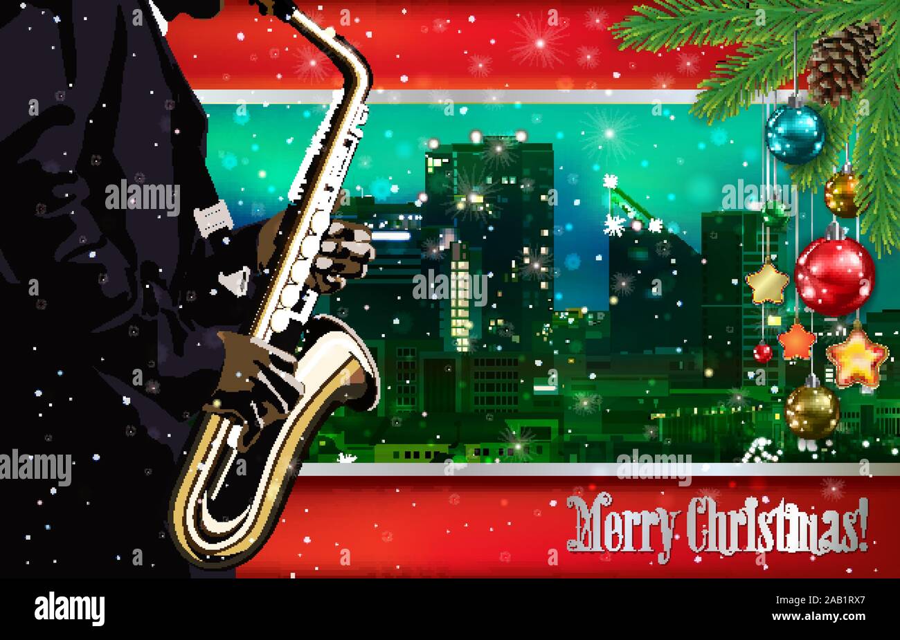 Christmas green red illustration with saxophone player on cityscape of ...