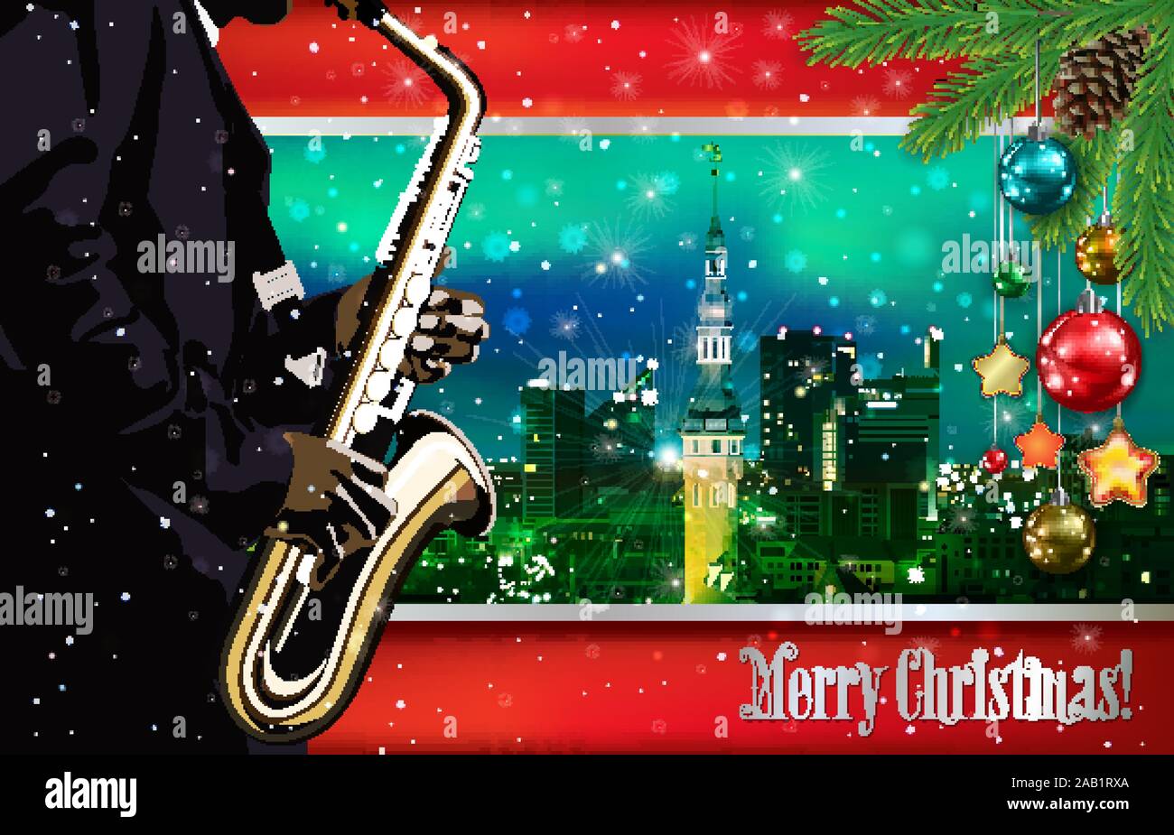 Christmas green red illustration with saxophone player on cityscape of ...
