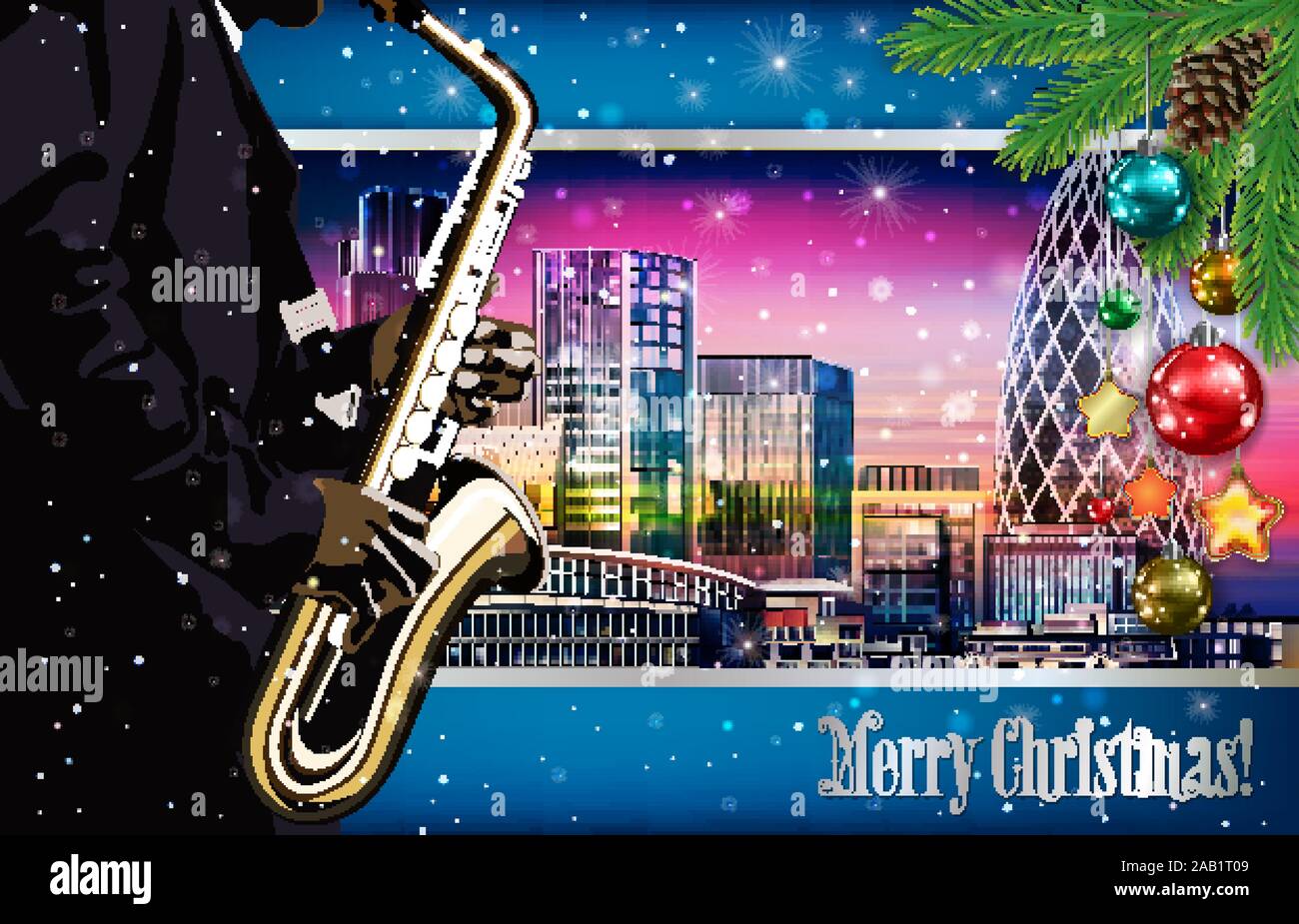 Christmas pink blue illustration with saxophone player on cityscape of ...