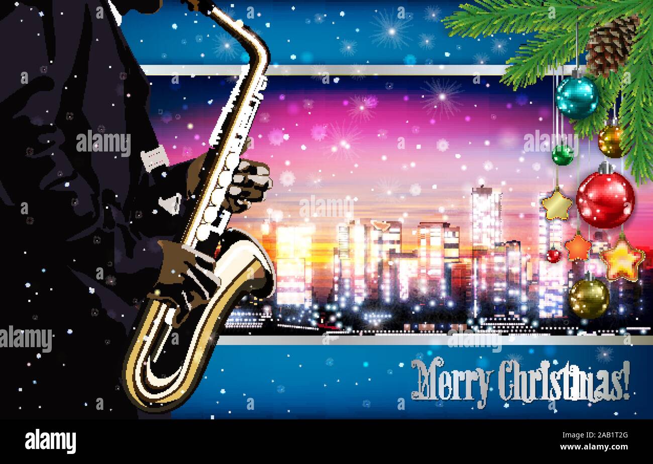 Christmas pink blue illustration with saxophone player on cityscape of ...