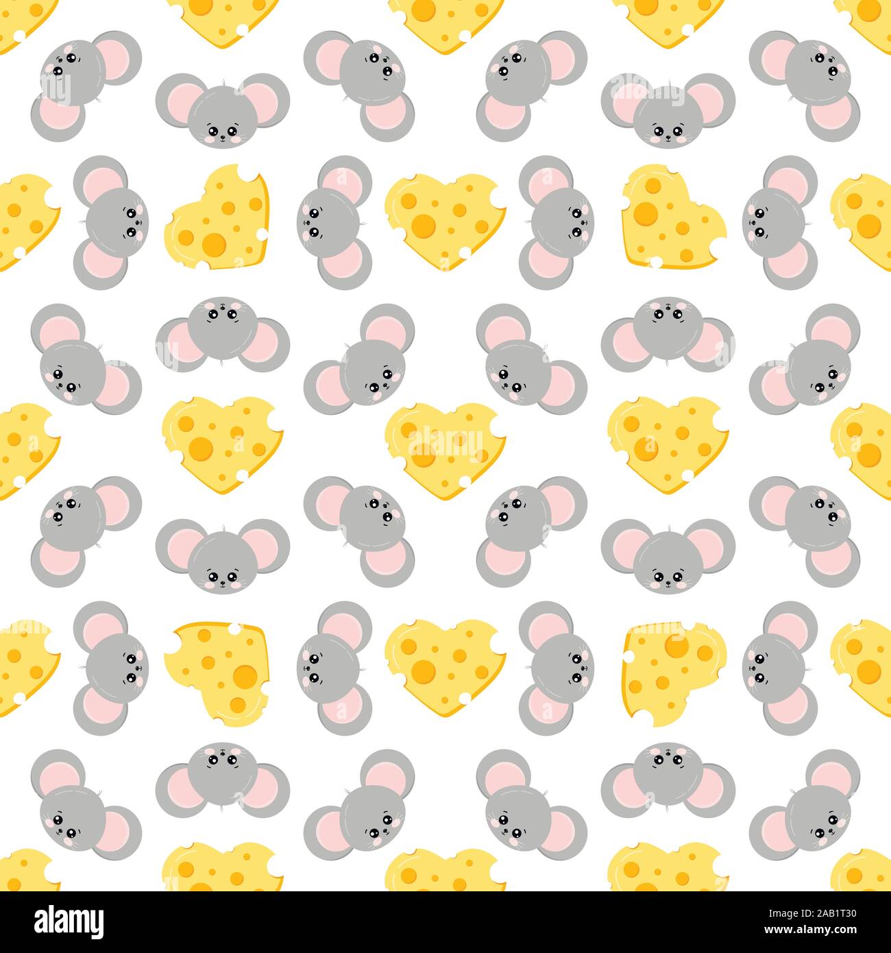 Cute mouse faces and cheese shape of heart colorful seamless pattern on ...