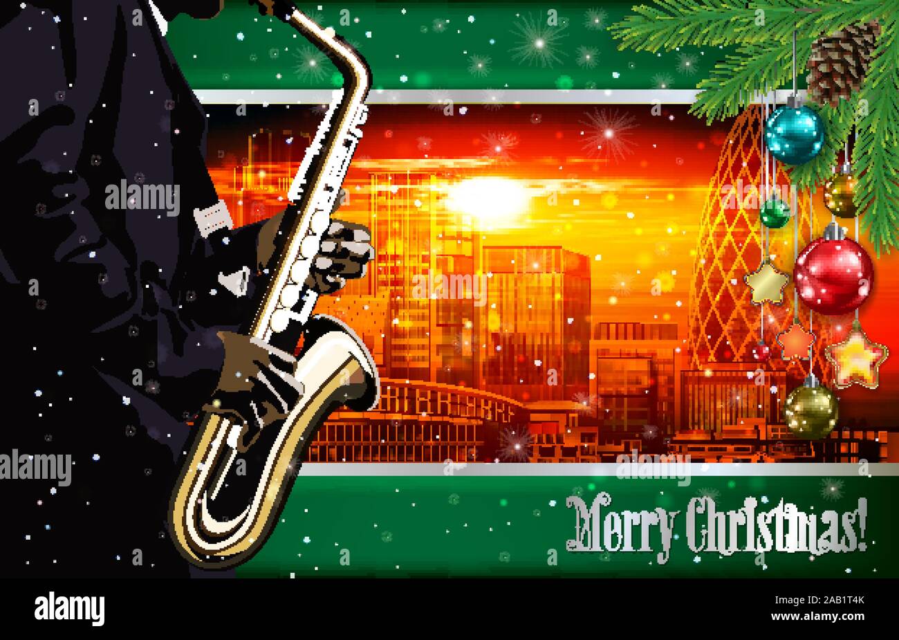 Christmas red green illustration with saxophone player on cityscape of ...