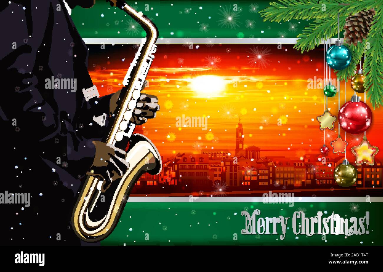 Christmas red green illustration with saxophone player on cityscape of ...