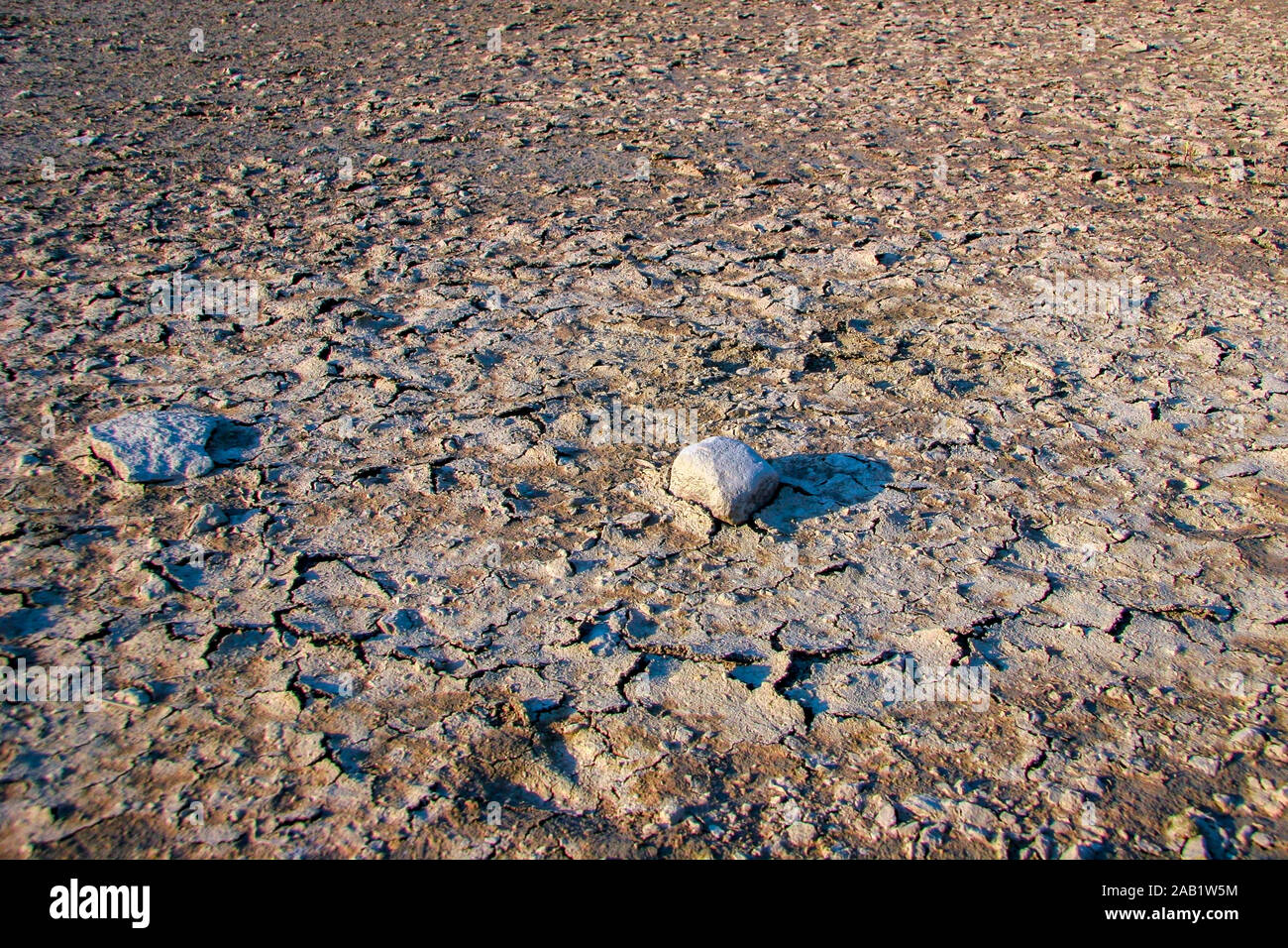 Two stones lie on a dry cracked barren ground. Cracks and dirt ...
