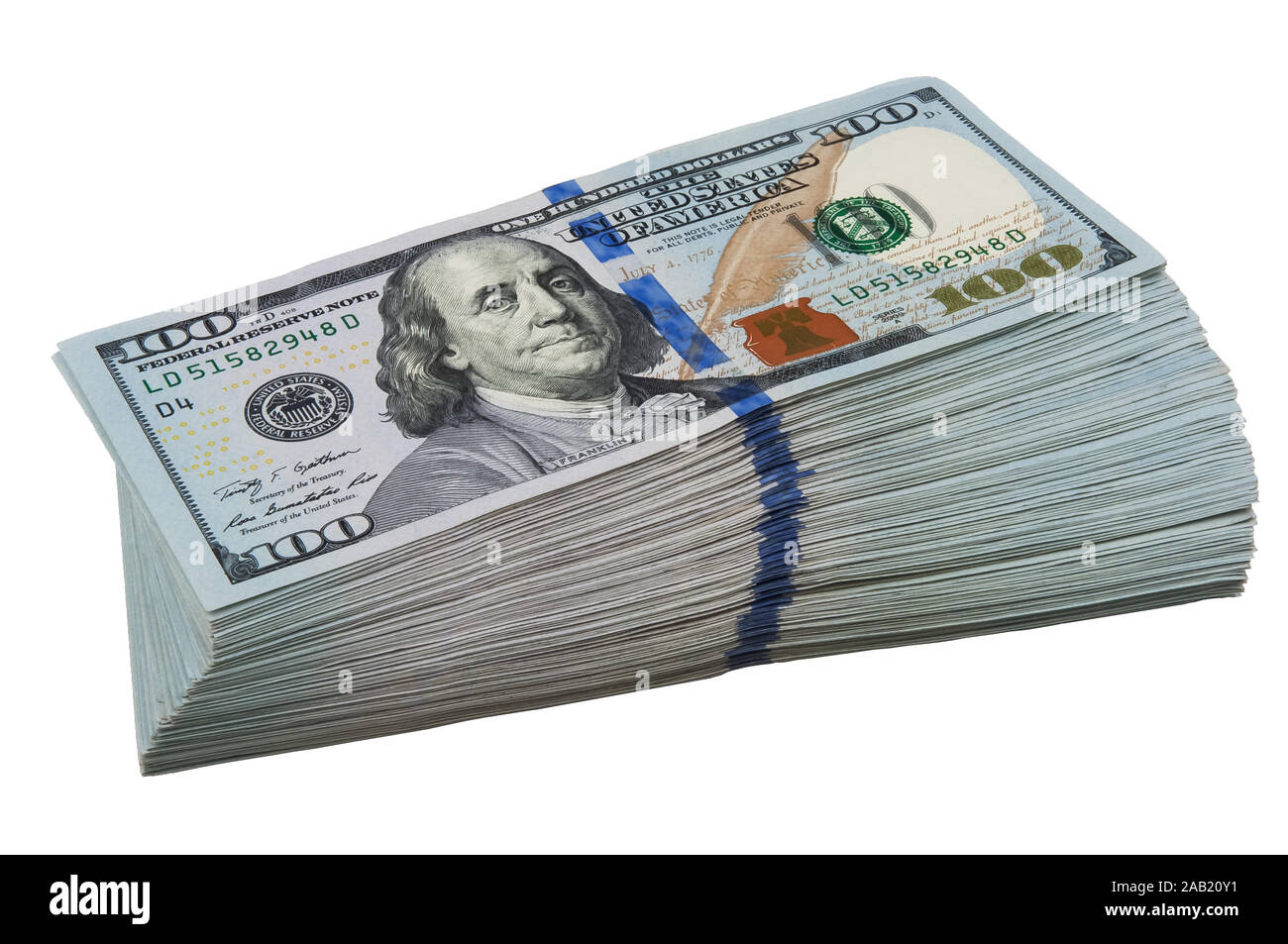 A large pack of one hundred American dollars bills on a white ...