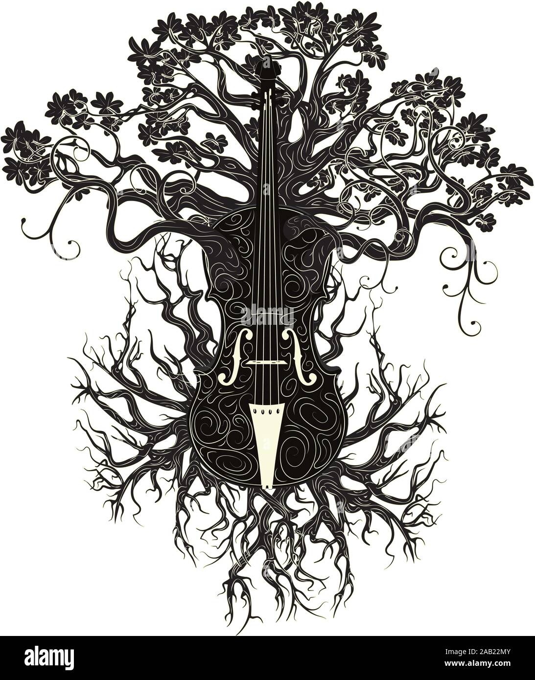 Vintage violin silhouette with tree branches illustration Stock Vector ...
