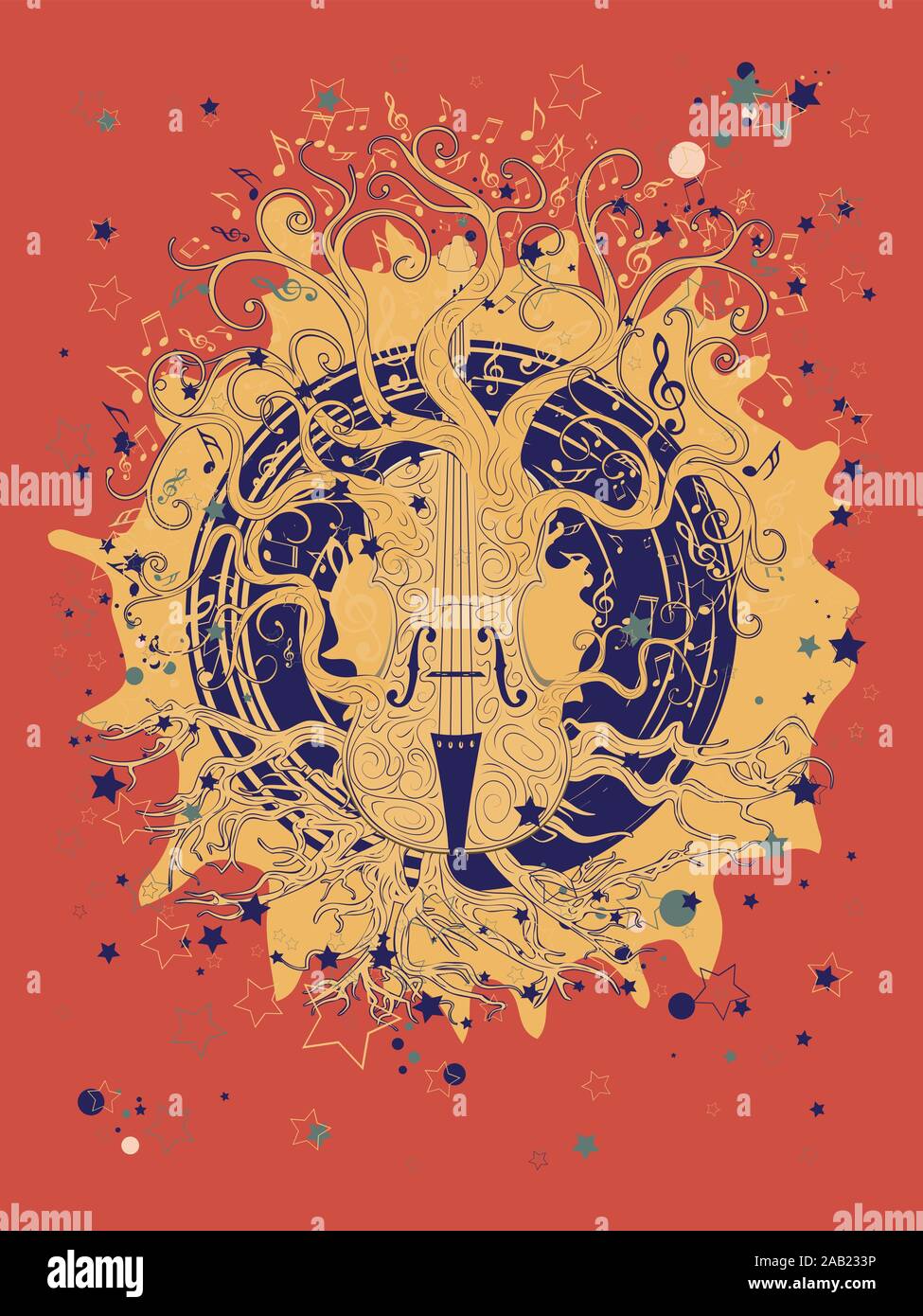 Retro style geometric music themed poster with violin tree design Stock ...