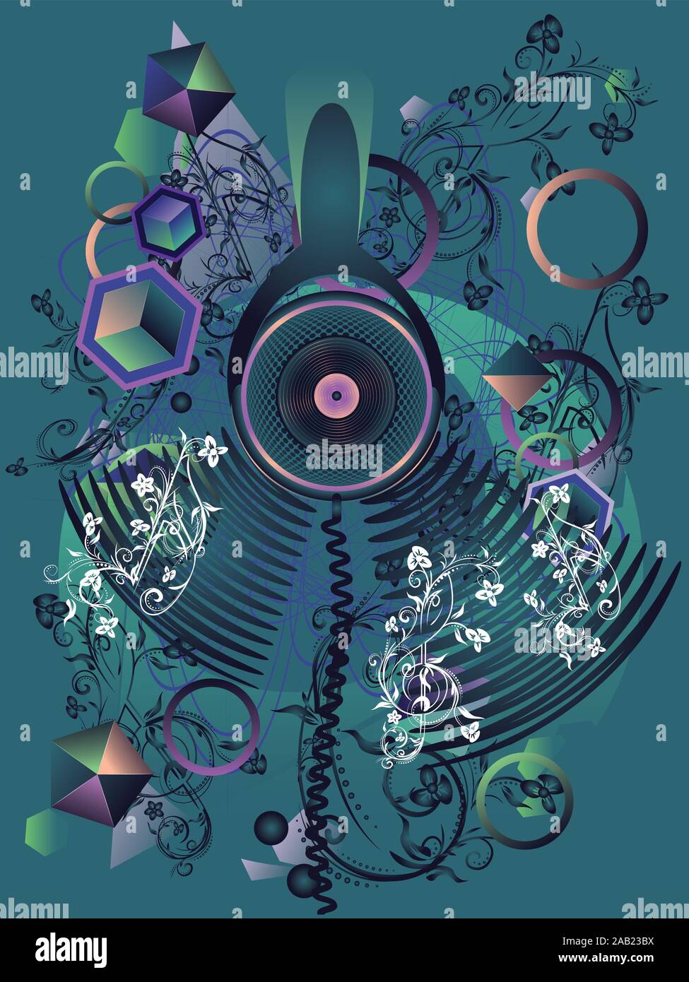 Colorful stylized music poster design with abstract headphones and ...