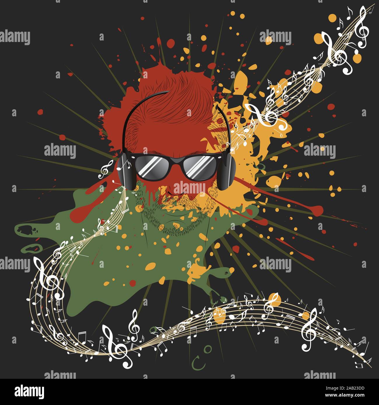 Dj line art, stylized portrait with headphones on grunge background ...