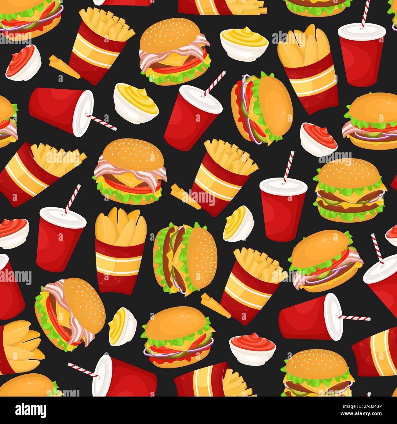 Seamless pattern with burgers, soda and fries. Vector illustration of ...