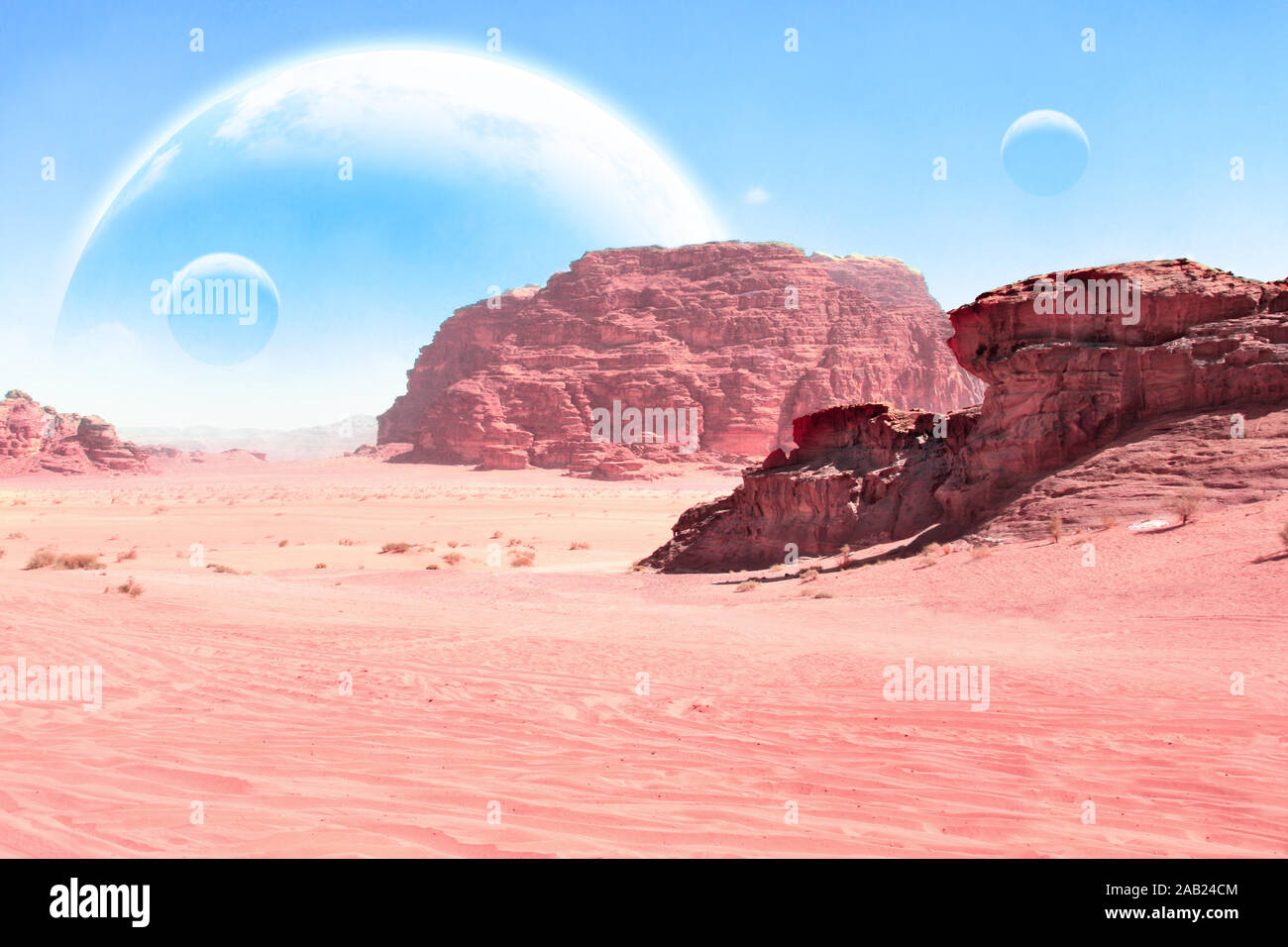 Fantastic landscape with sand desert, rock and planets in sky. 3d ...