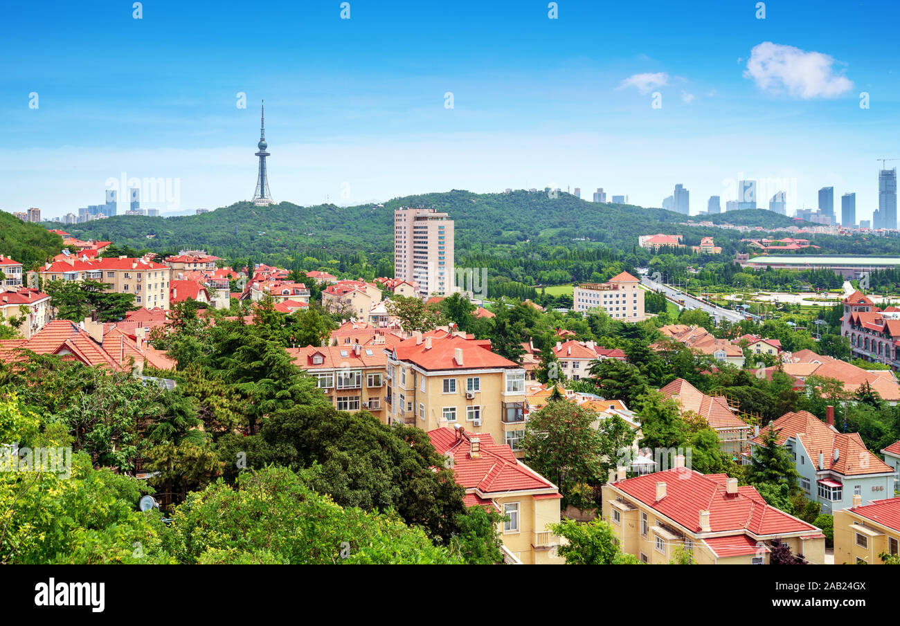 Bird's eye view of red roofs and cityscape, Qingdao, China Stock Photo ...
