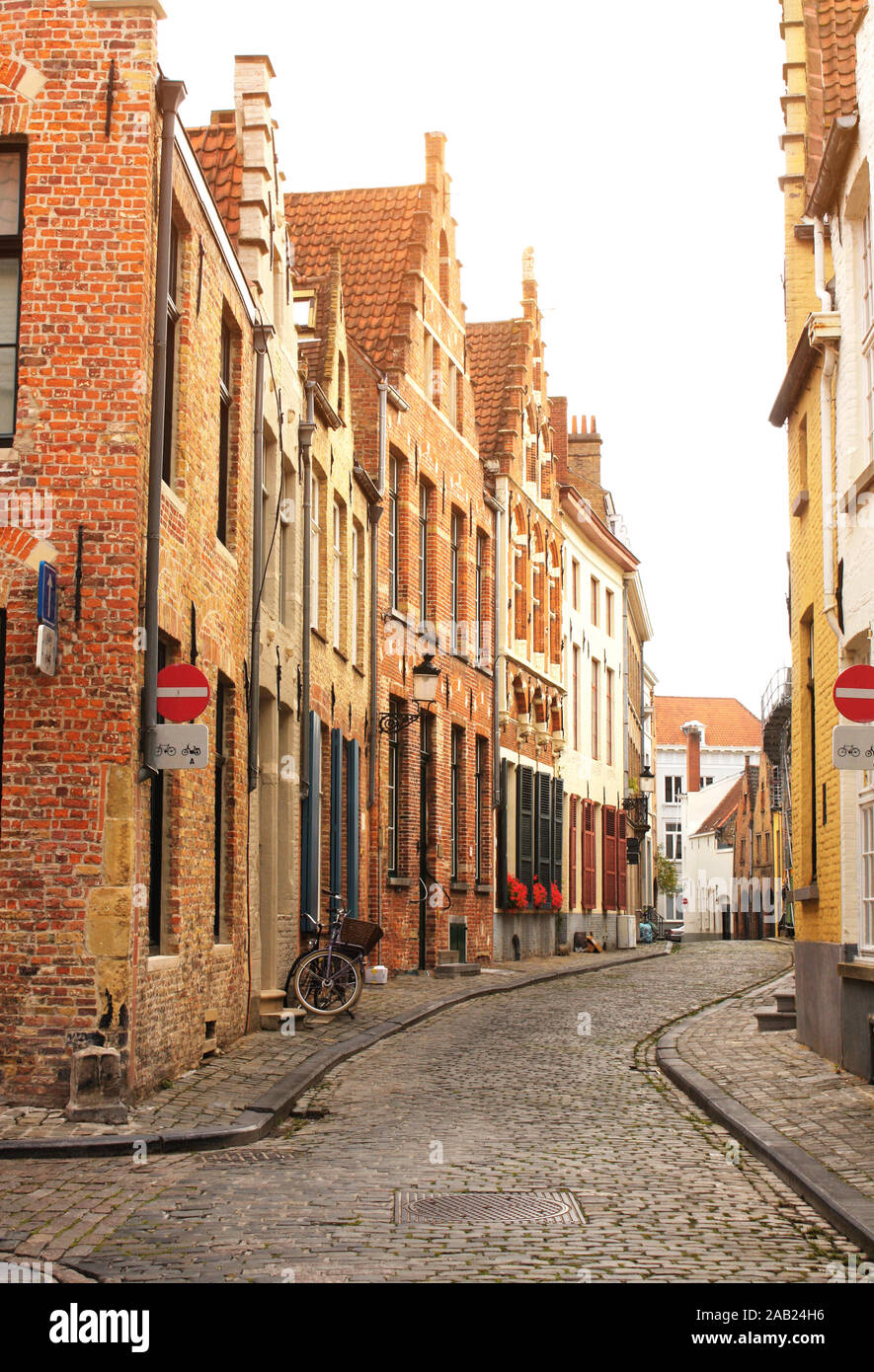 Street with historic medieval buildings and a road from paving stones ...