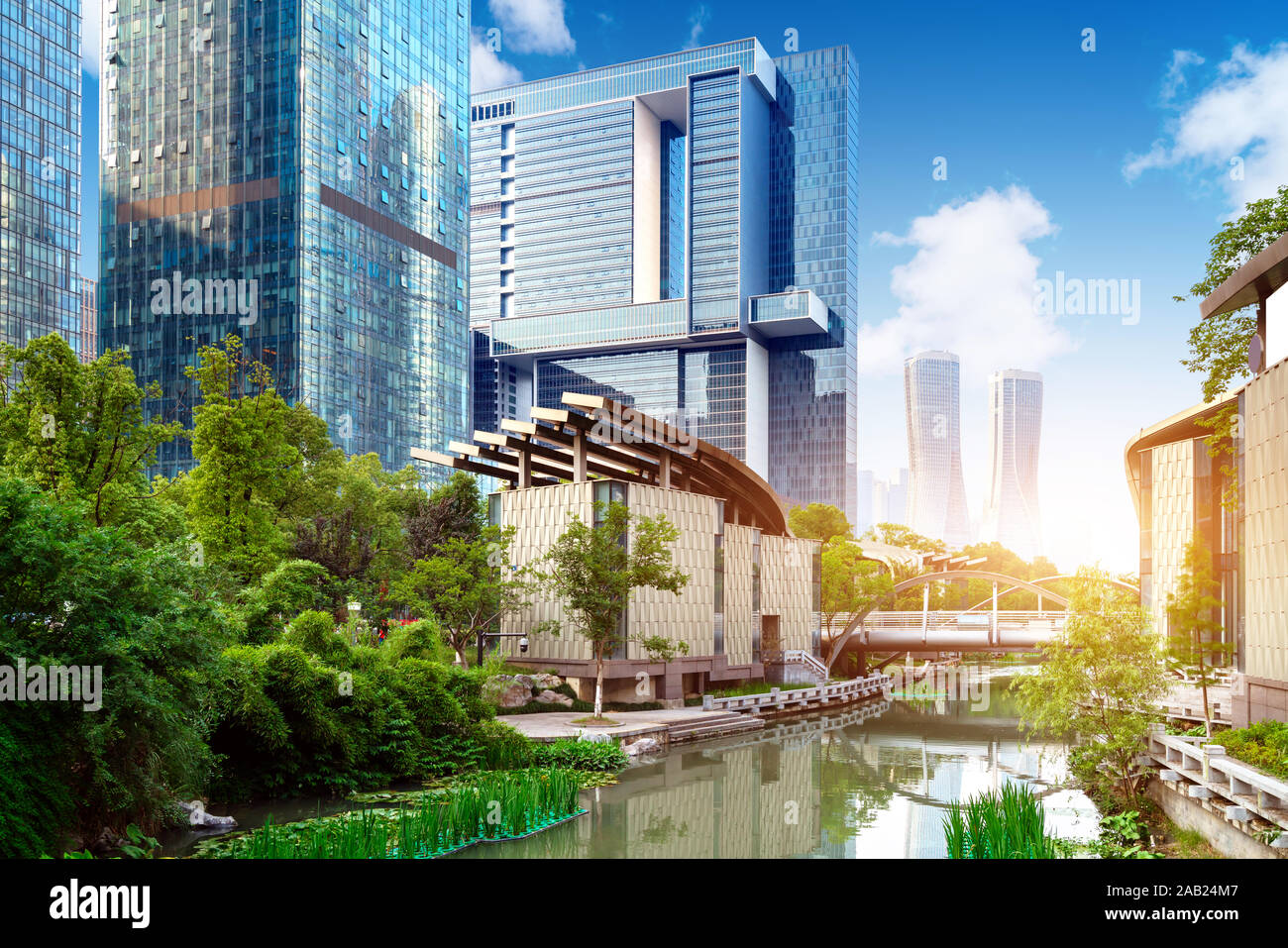 Modern buildings on both sides of the creek, Hangzhou, China Stock ...