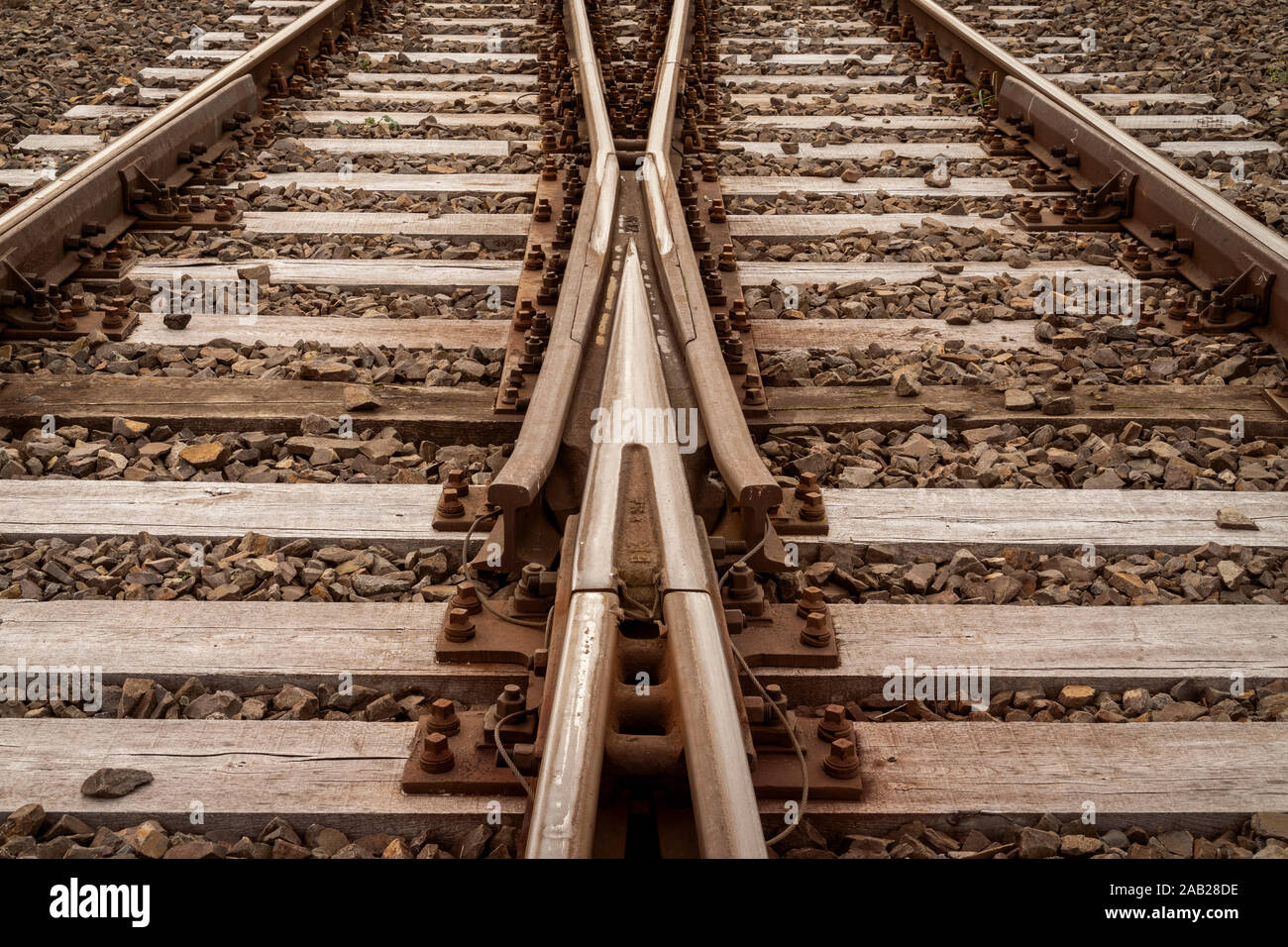 Two railway tracks merge together. Choosing right way, making decision ...