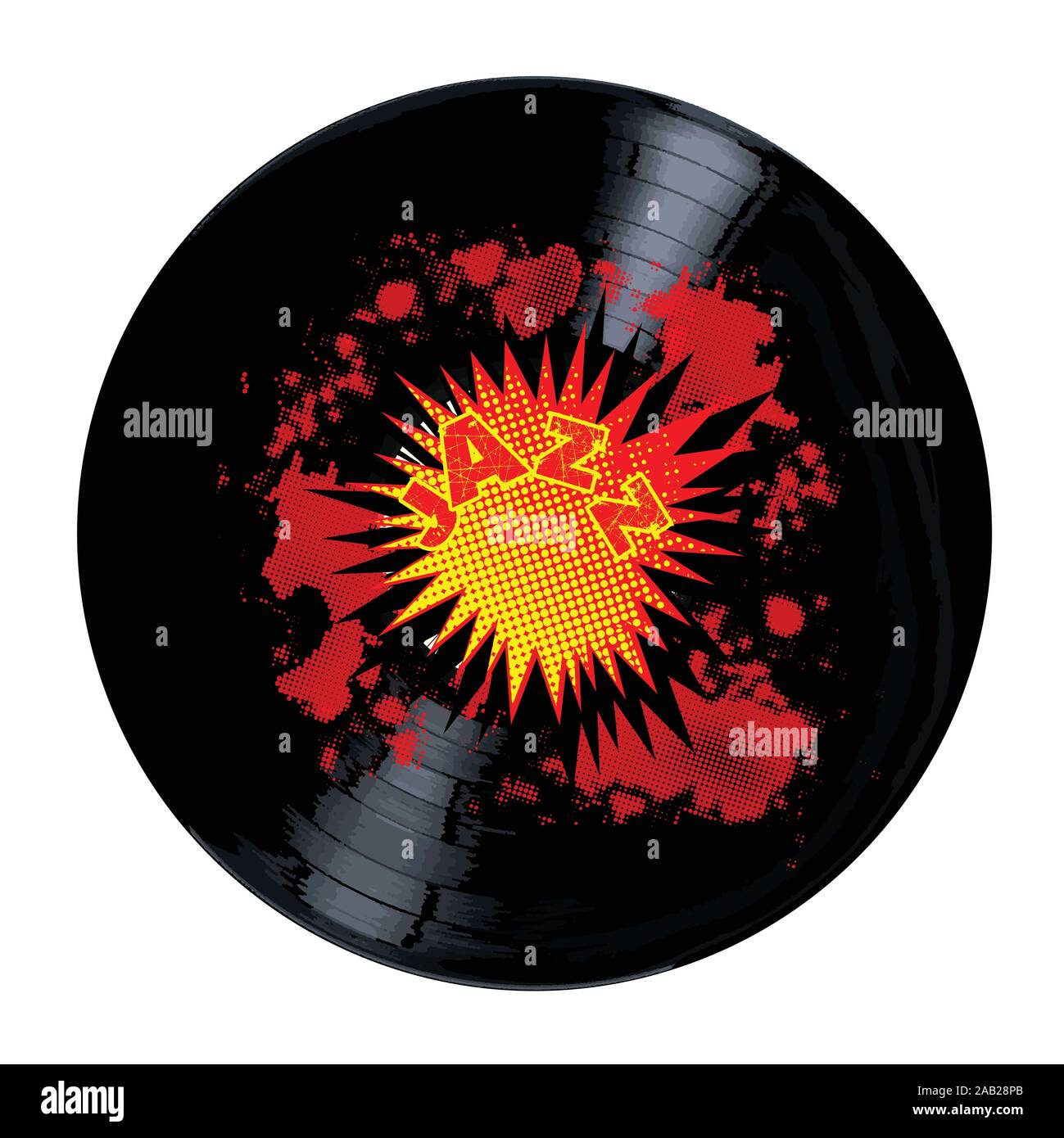 A comic cartoon style rock explosion jazz record noise over a white ...