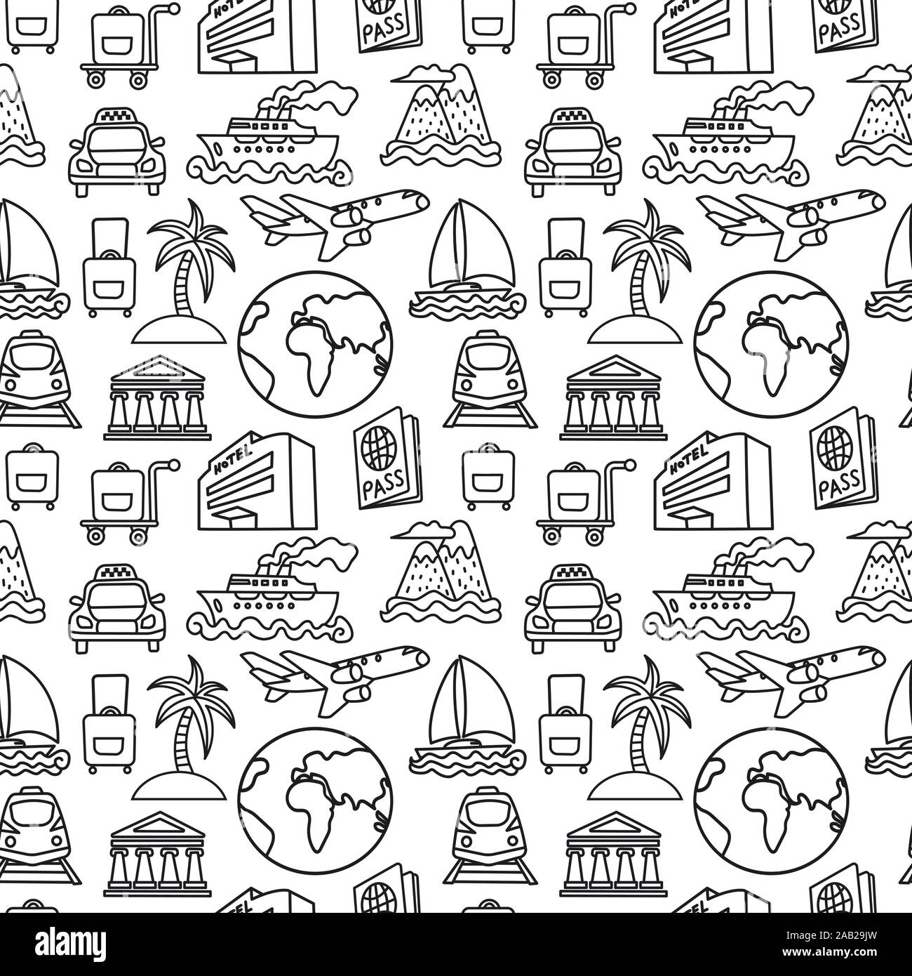 illustration of the black and white travel seamles pattern of resort ...
