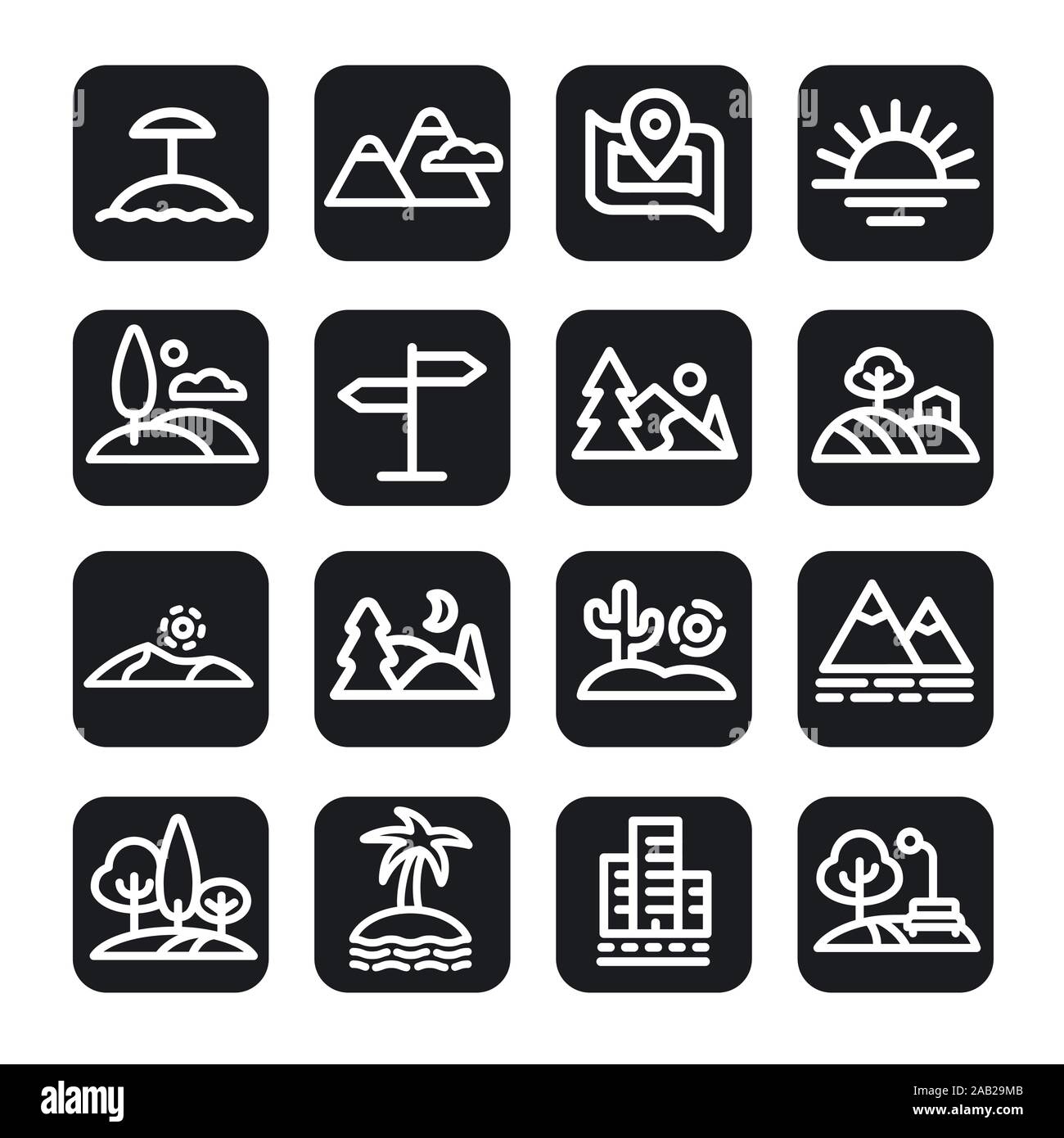 illustration of landscapes and nature black and white icons set Stock ...