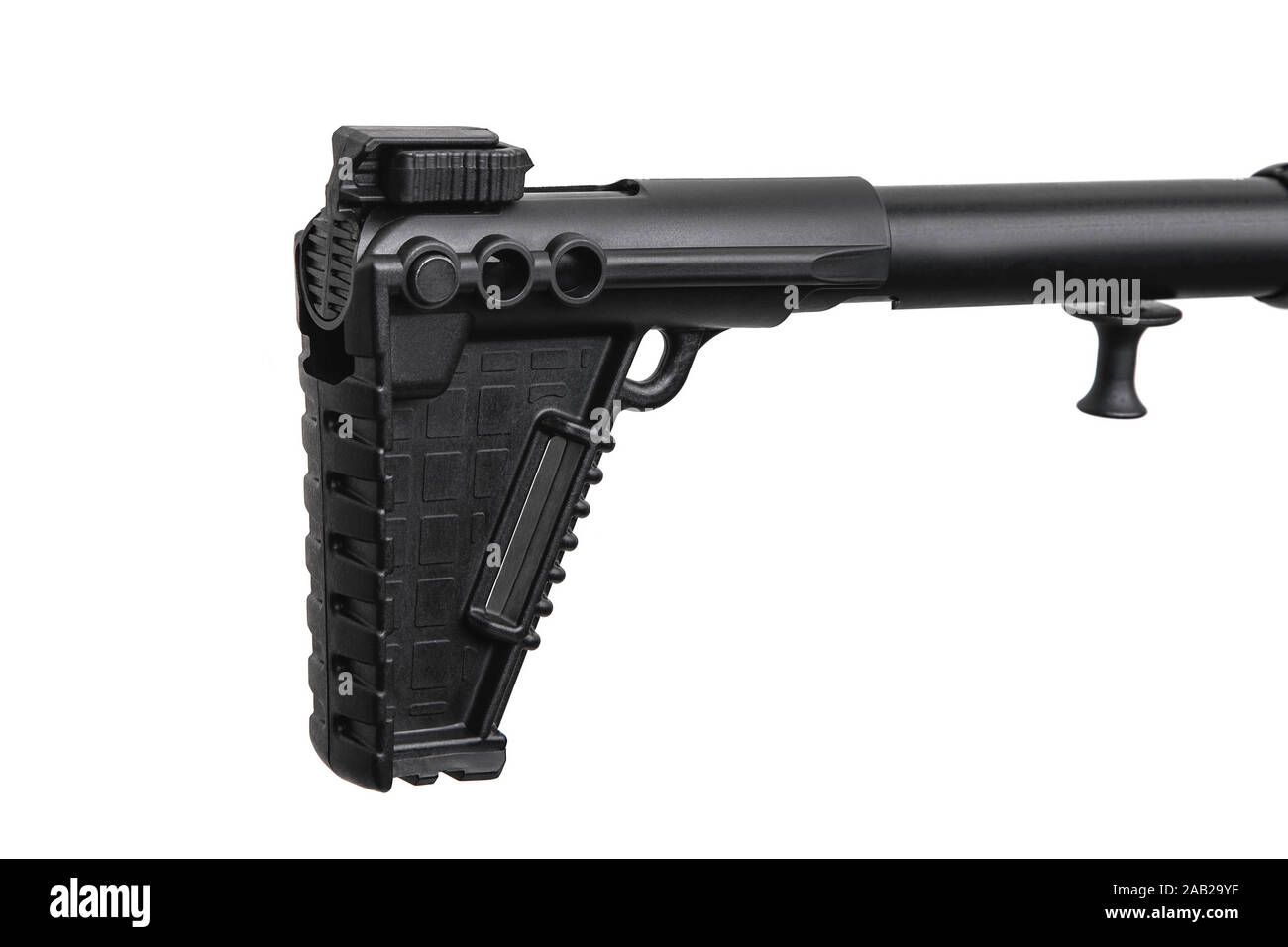 Small modern semi-automatic folding carabiner isolate on a white ...