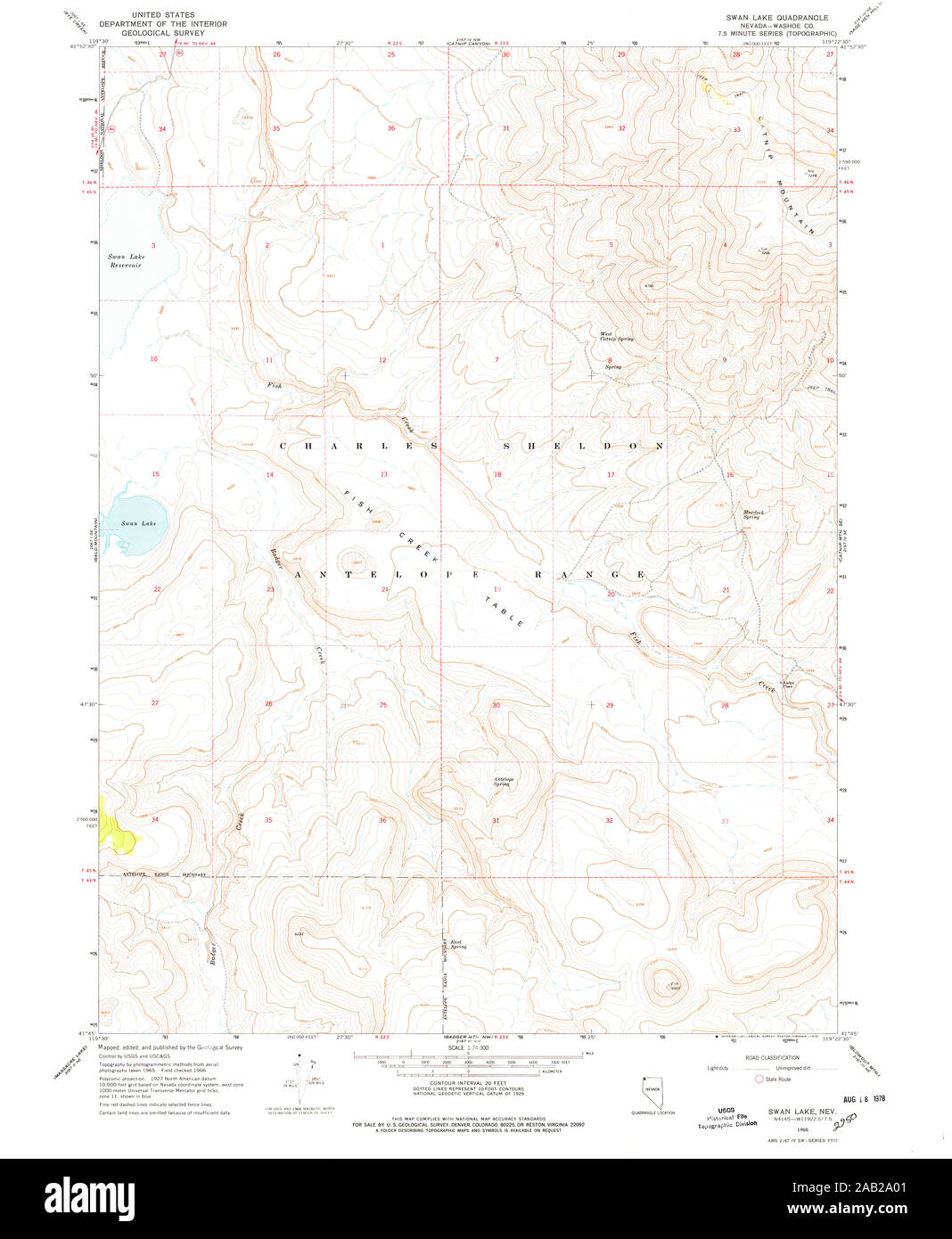 USGS TOPO Map Nevada NV Swan Lake 320241 1966 24000 Restoration Stock ...