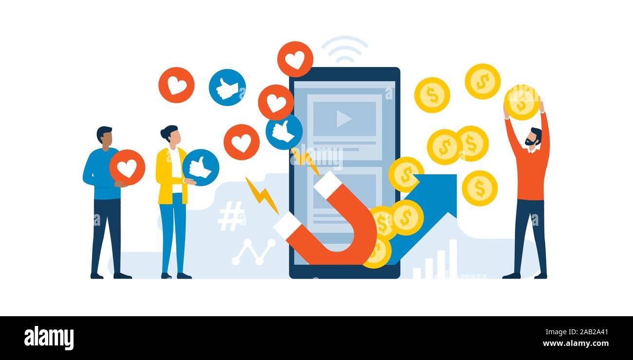 People liking social media posts on a smartphone and influencer earning ...