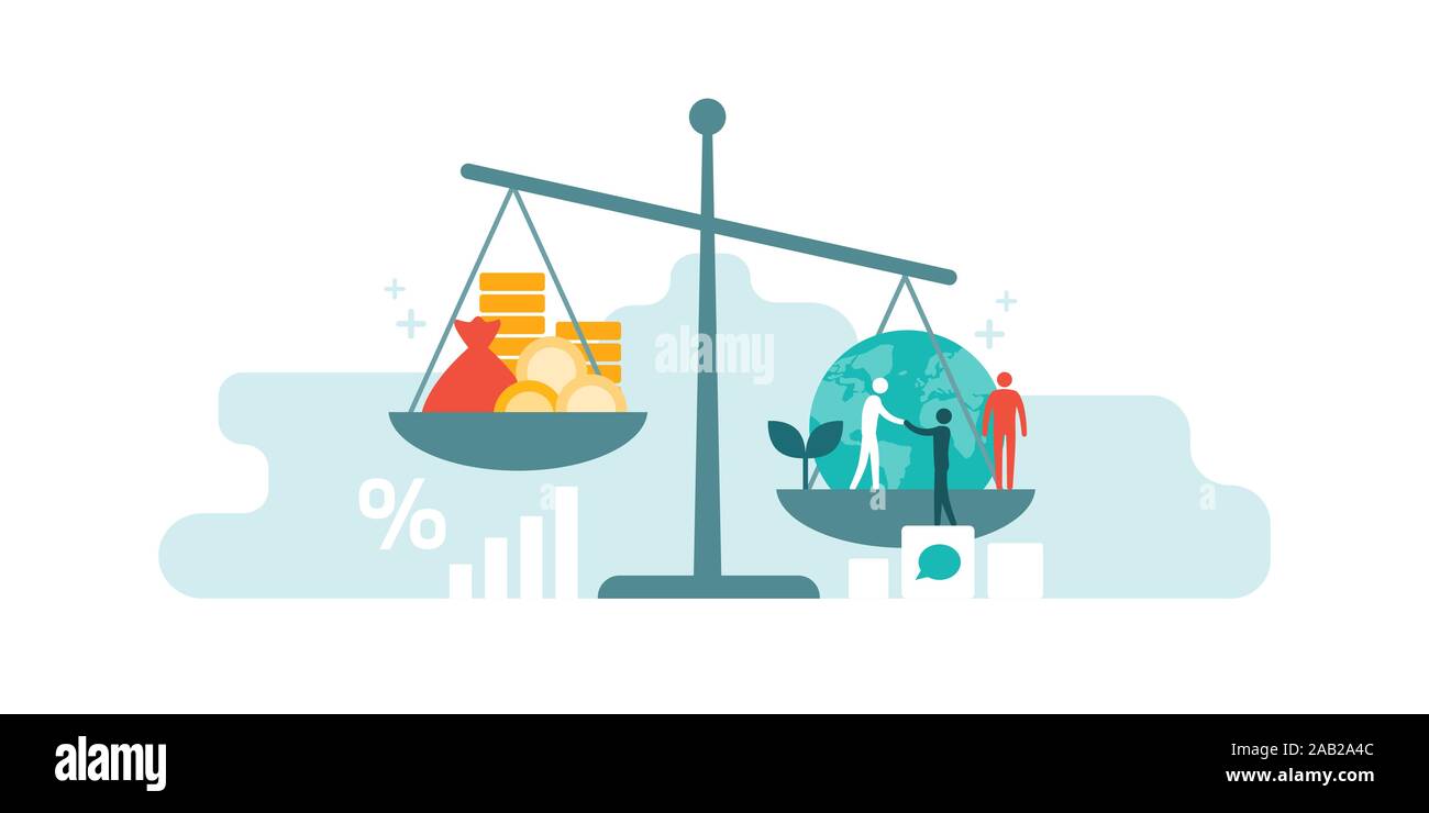 Scale with wealth and cash money on a plate and people, world ...
