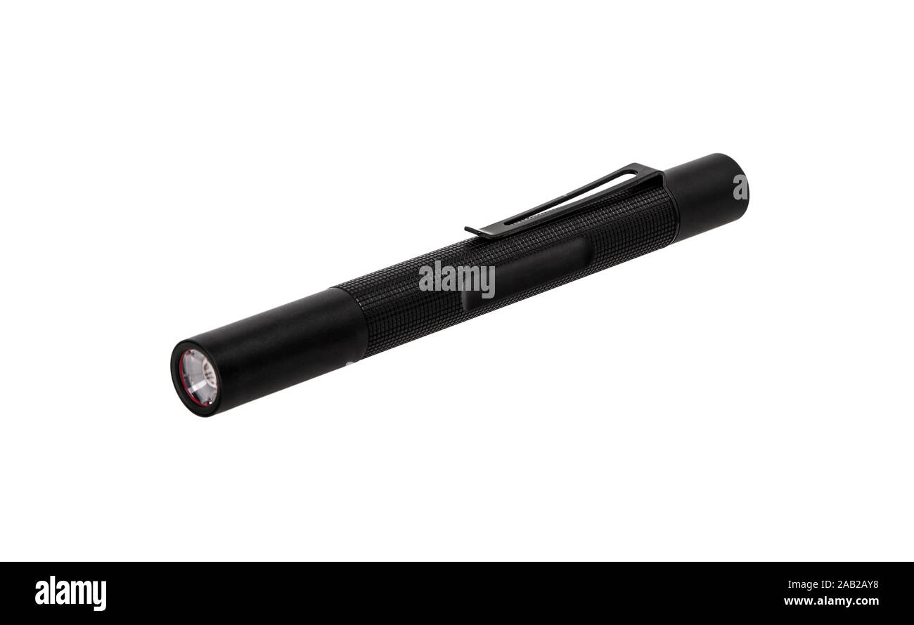 modern black metal flashlight isolated on white background Stock Photo ...