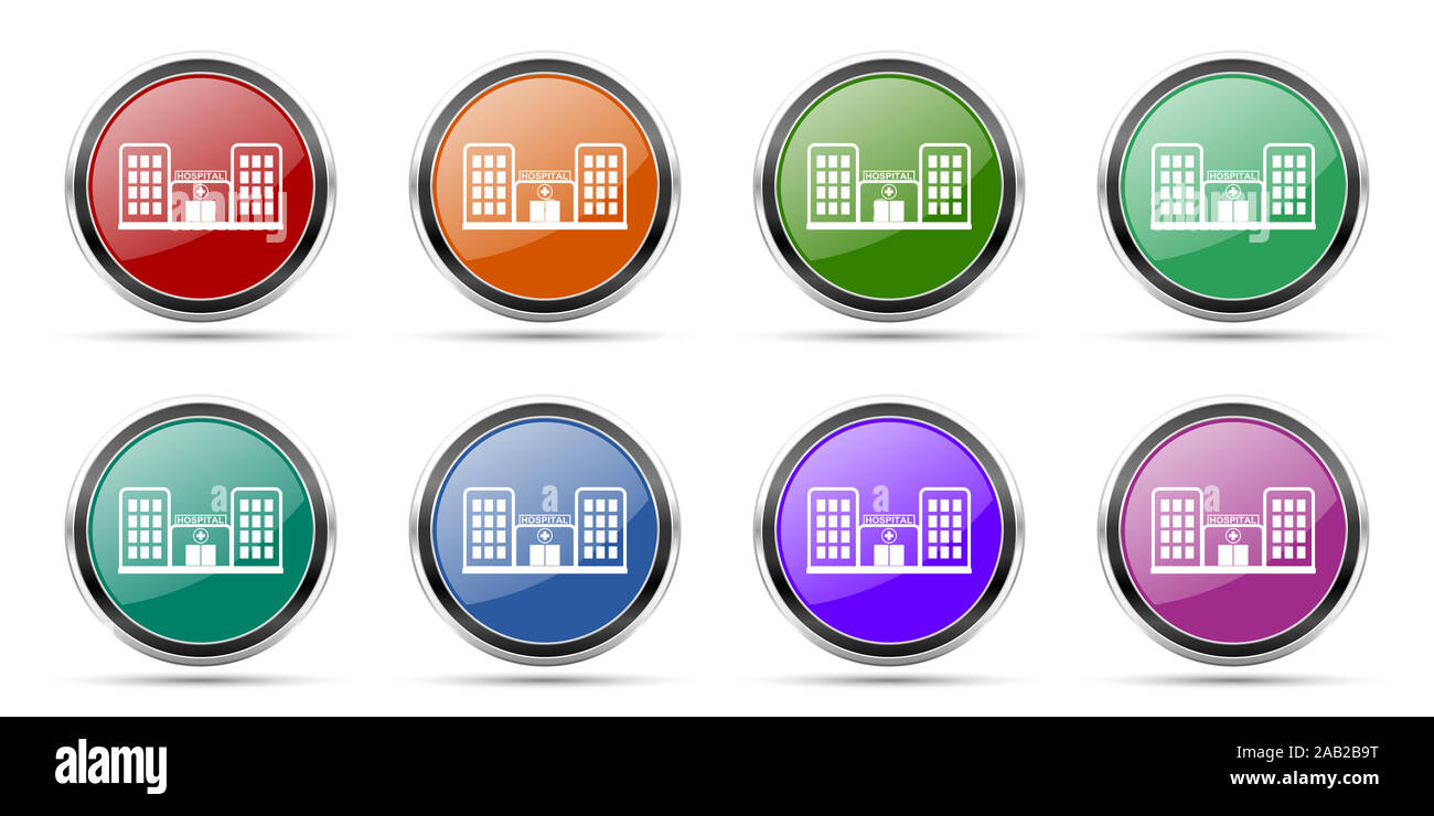 Hospital building icons, set of round glossy web buttons with silver ...