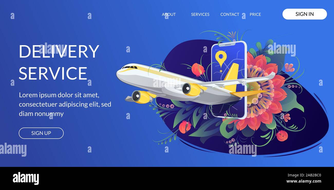 Web page design template for project delivery, transport, airplane ...
