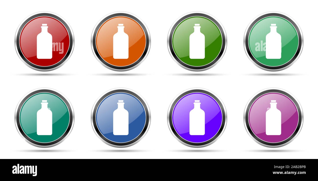 Bottle, drink icons, set of round glossy web buttons with silver ...