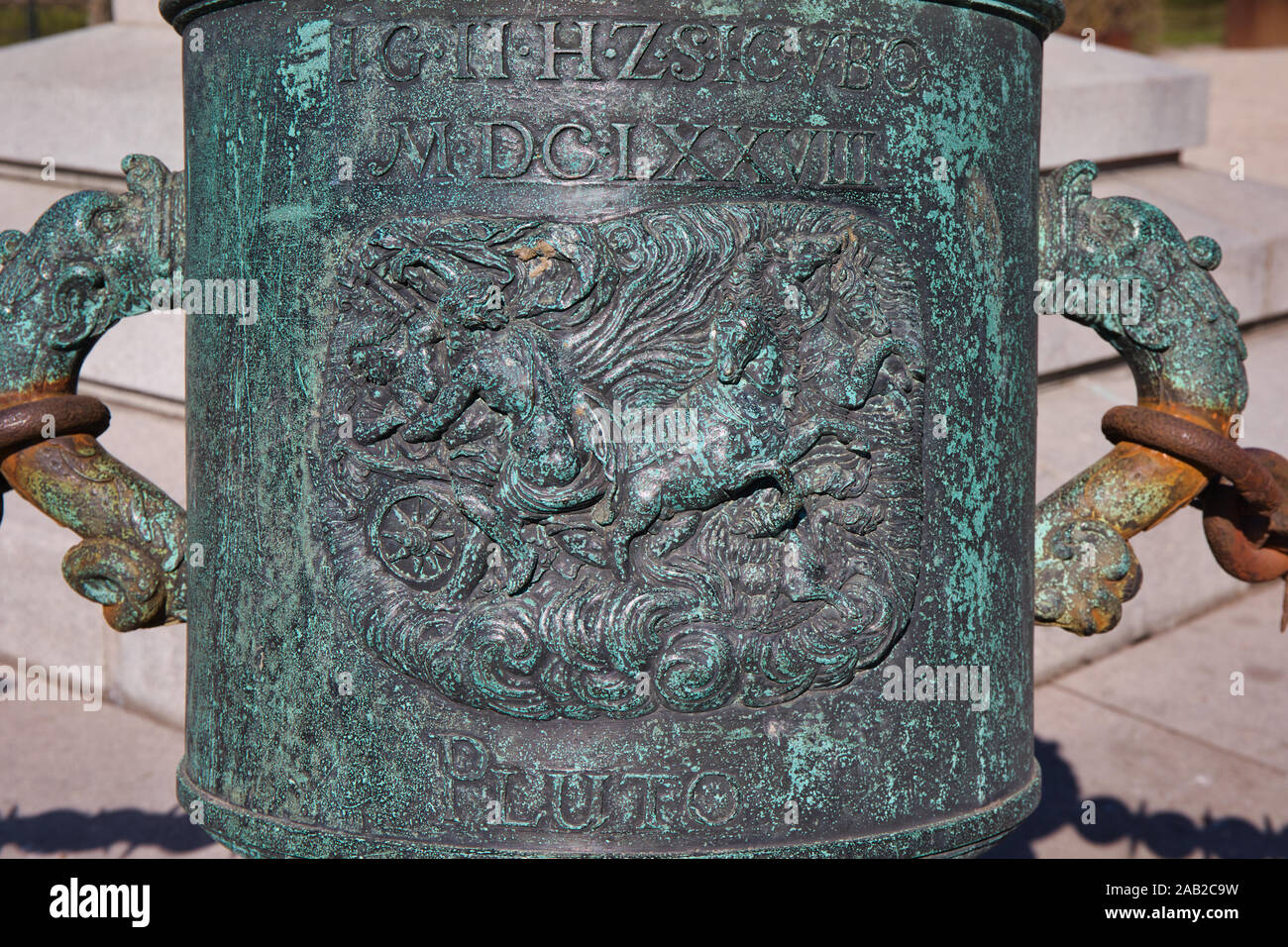 Bronze mortars around the plinth of the bronze statue of King Karl XII ...