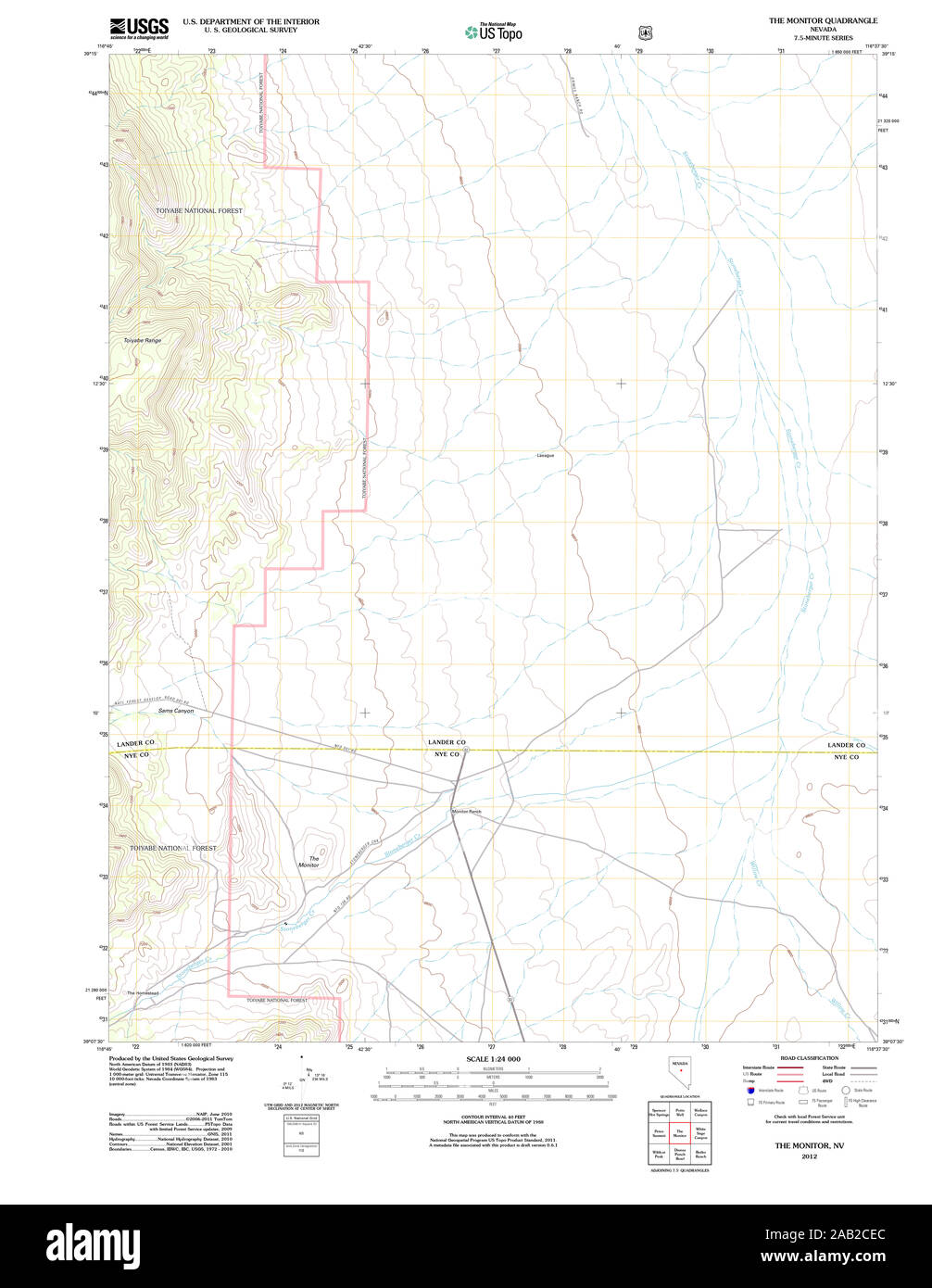 USGS TOPO Map Nevada NV The Monitor 20120124 TM Restoration Stock Photo ...
