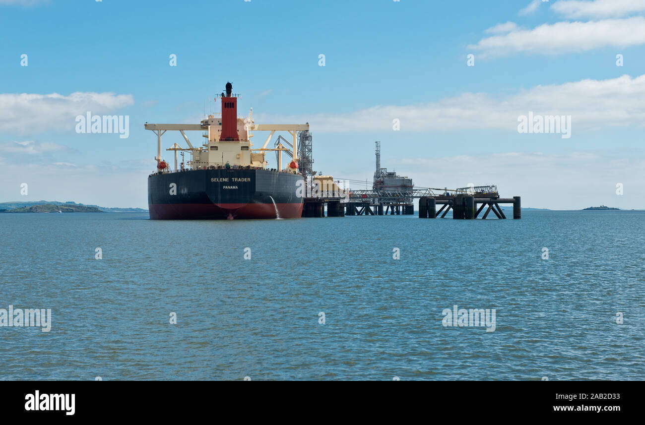 Oil tanker being loaded with oil at the Hound Point Tanker Terminal ...