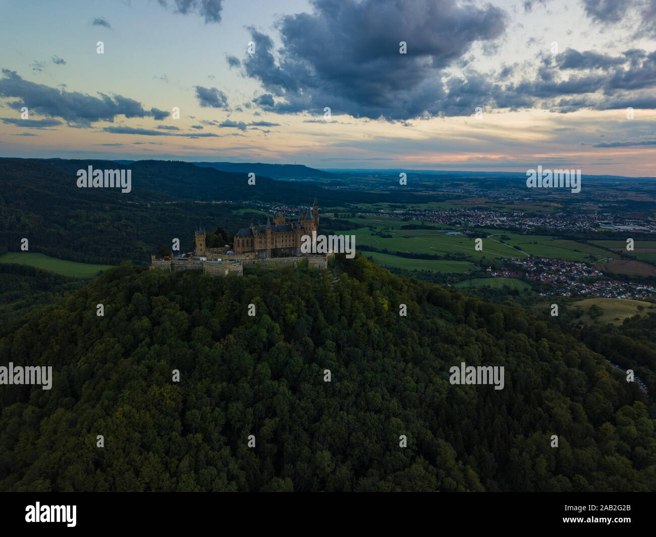 Aerial view of Hohenzollern castle during sunset. Germany in the summer ...