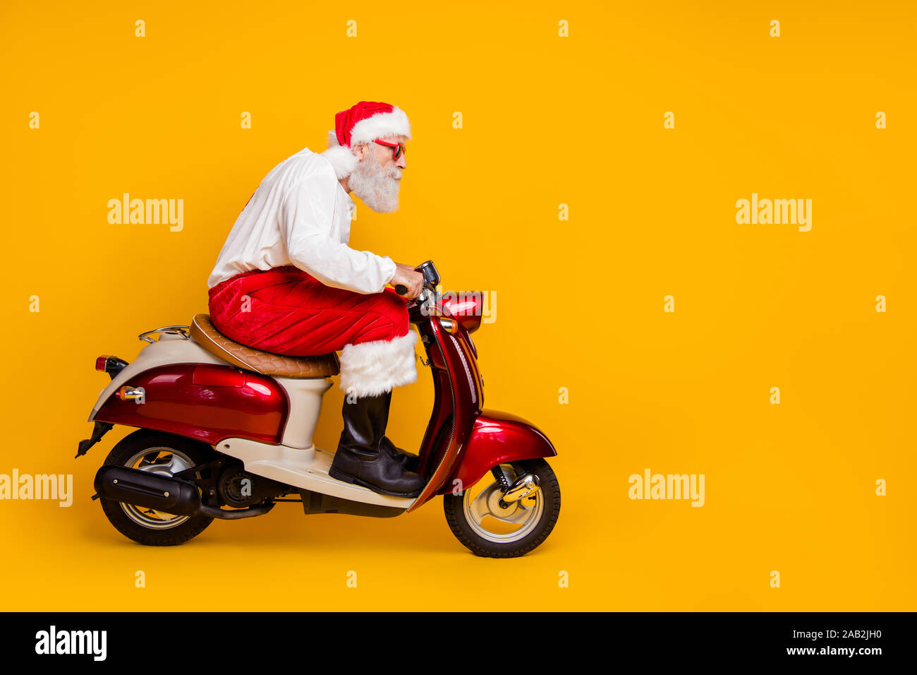 Full body profile photo of santa white hair grandpa riding speed x-mas ...