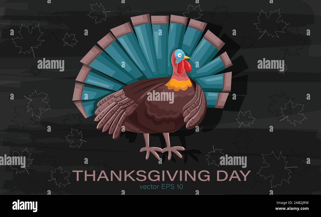 Thanksgiving day turkey with turquoise feathers. Outline of autumn ...