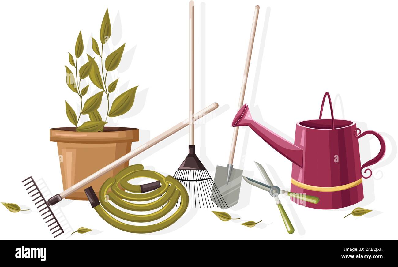Set of autumn gardening tools. Watering can, pot with flower, hose ...