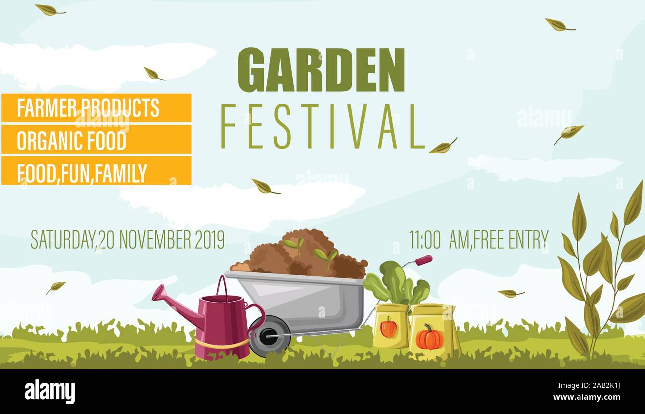 Garden festival advertisement banner with a wheelbarrow in a meadow ...