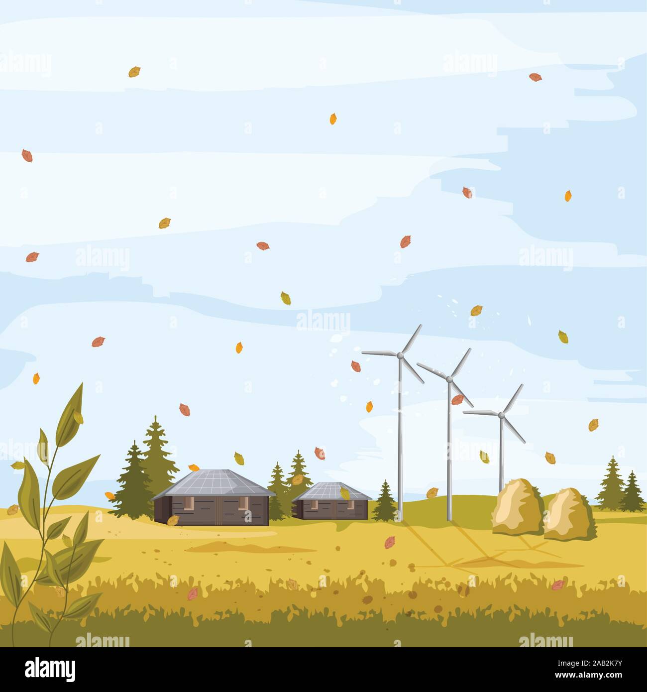 Autumn meadow field with barn, haystack and windmill on background ...