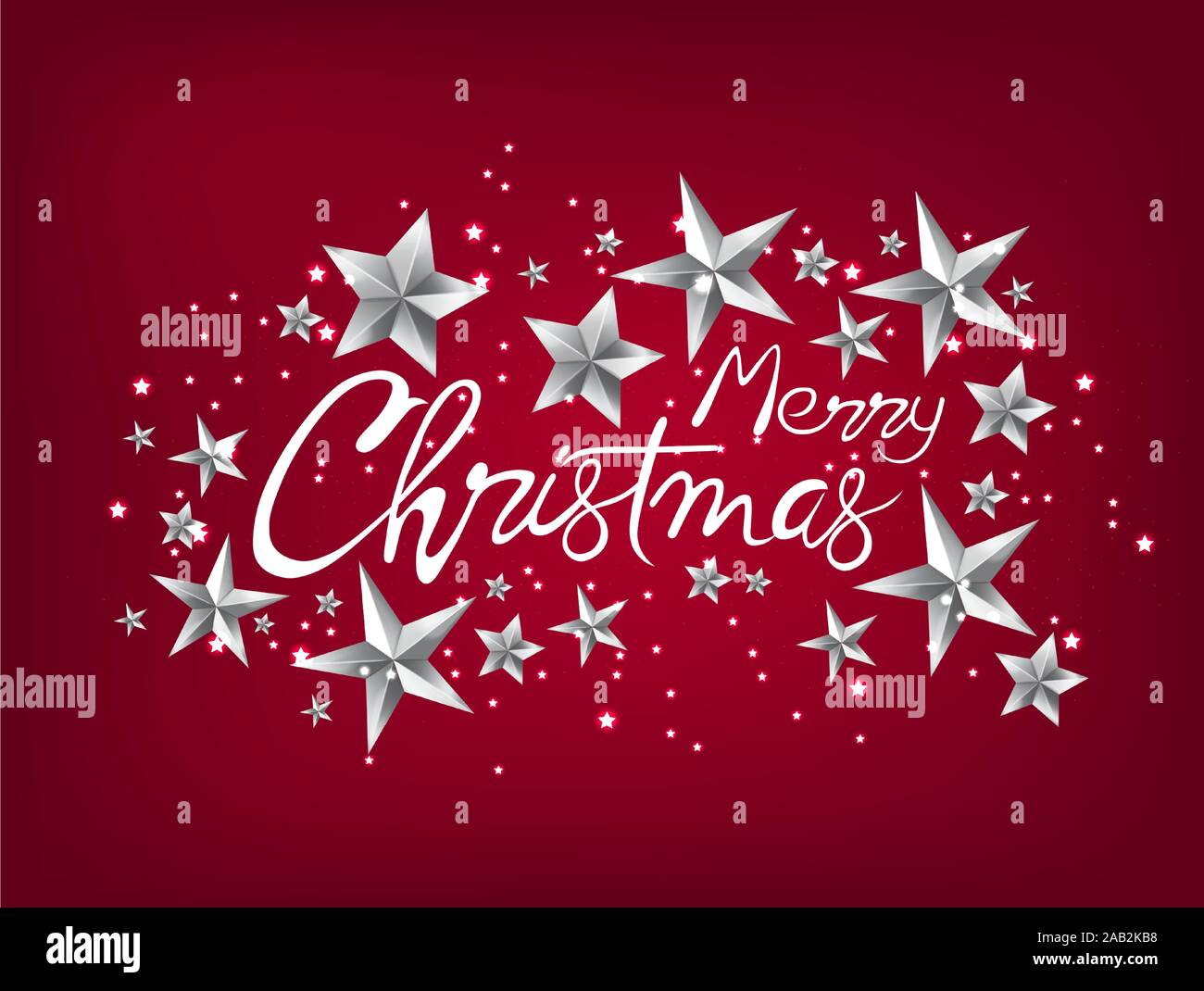 Merry christmas greeting card with silver stars, handwritten text and ...