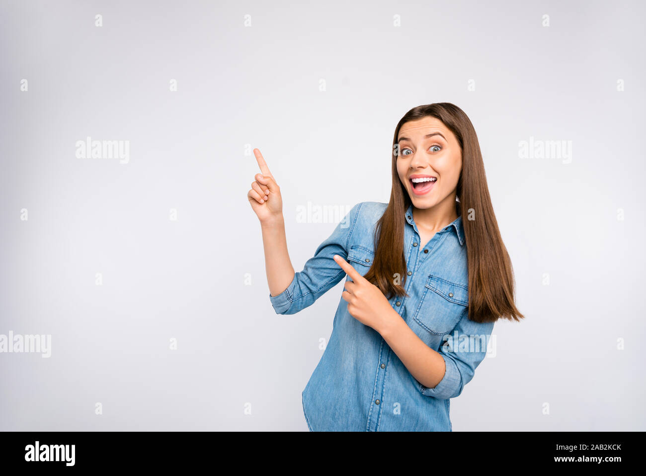 Portrait of funny funky promoter lady feel crazy scream wow omg point ...