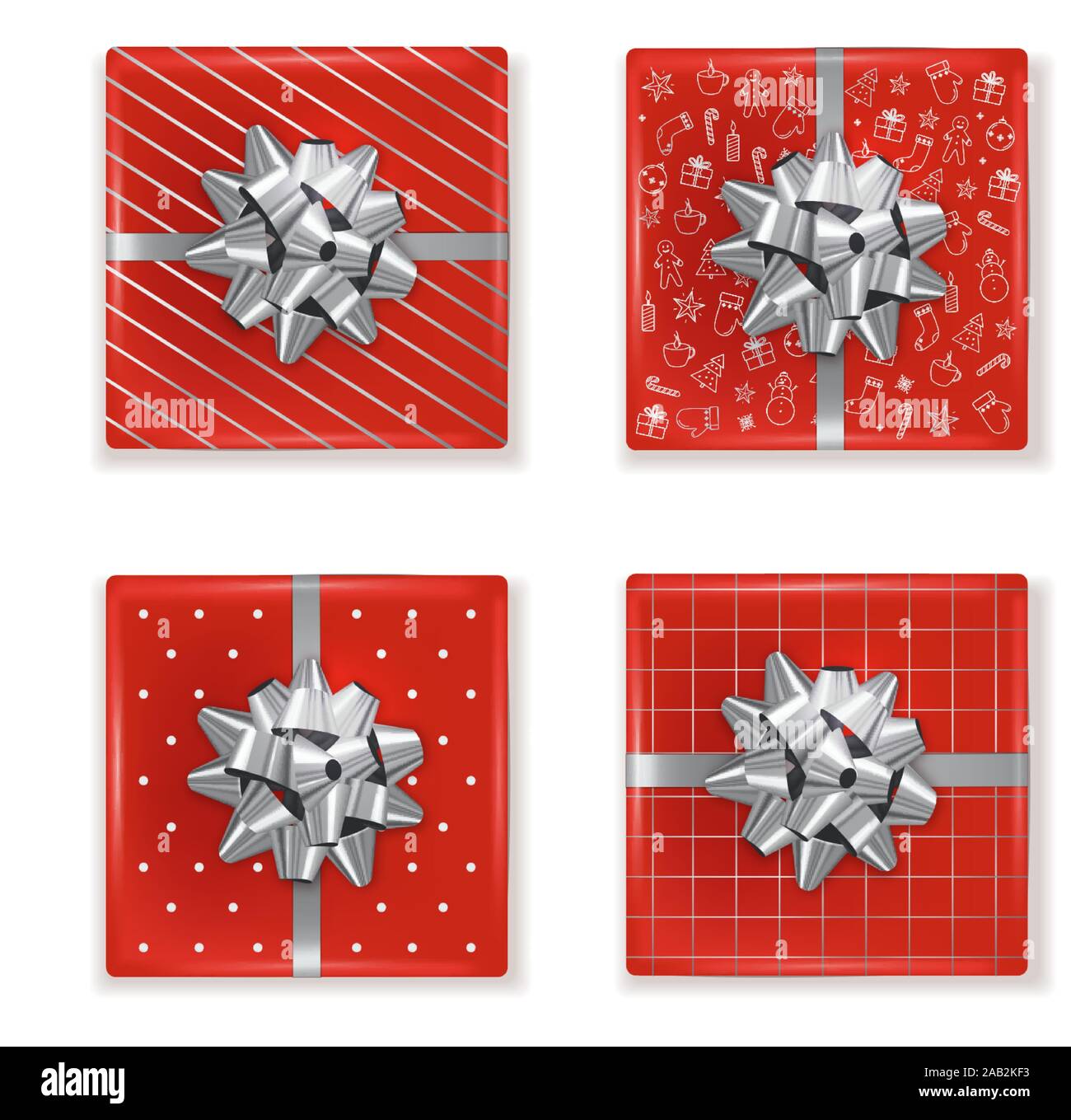 Top view of christmas red gift boxes with decorations and silver ribbon ...