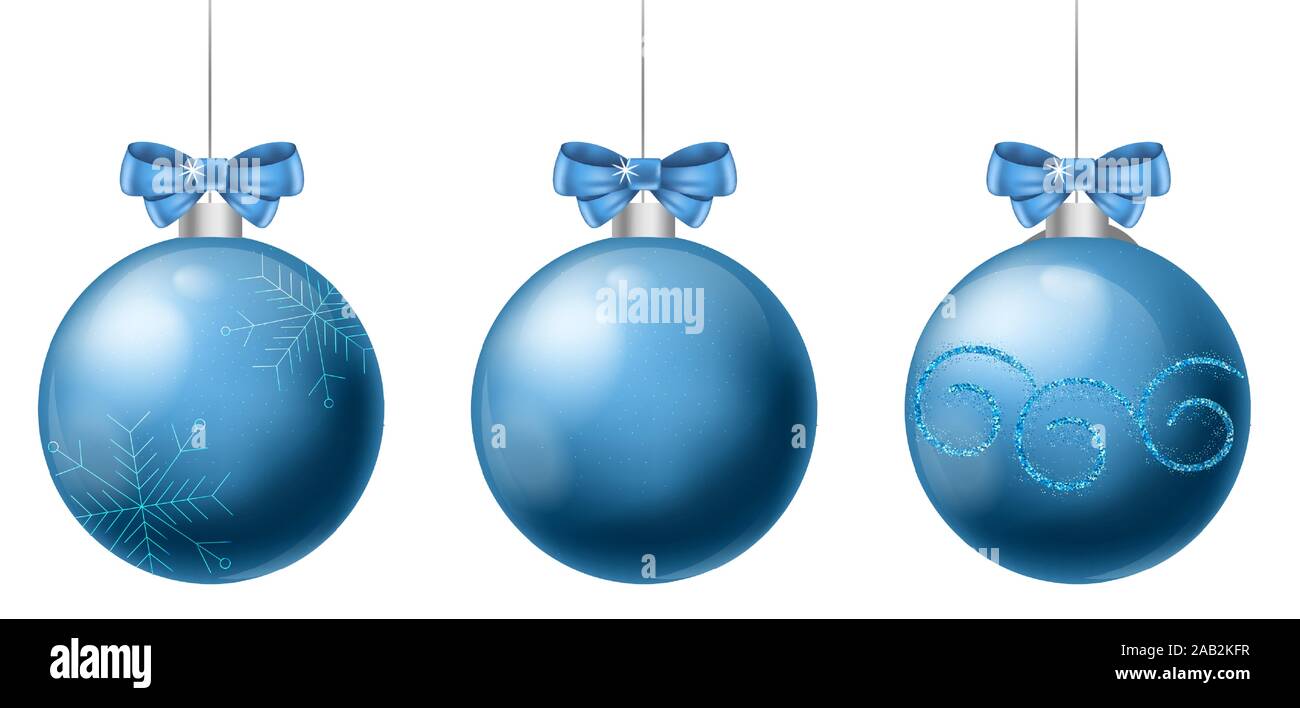Set of blue christmas baubles with ribbon and holiday ornament drawings ...