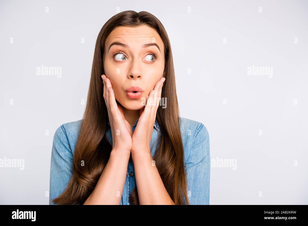 Close up photo of impressed shocked girl has done big mistake worry ...