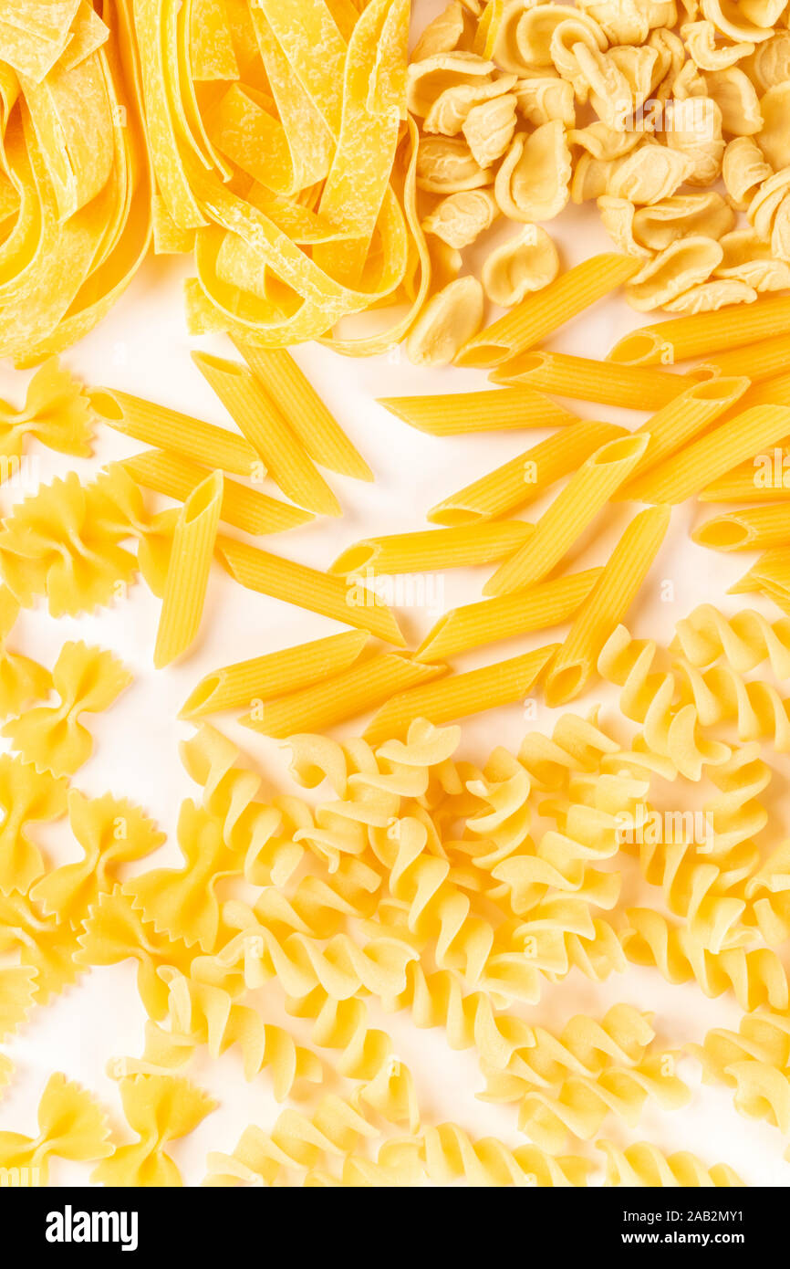 Italian pasta texture, a flat lay banner, top shot on a white ...