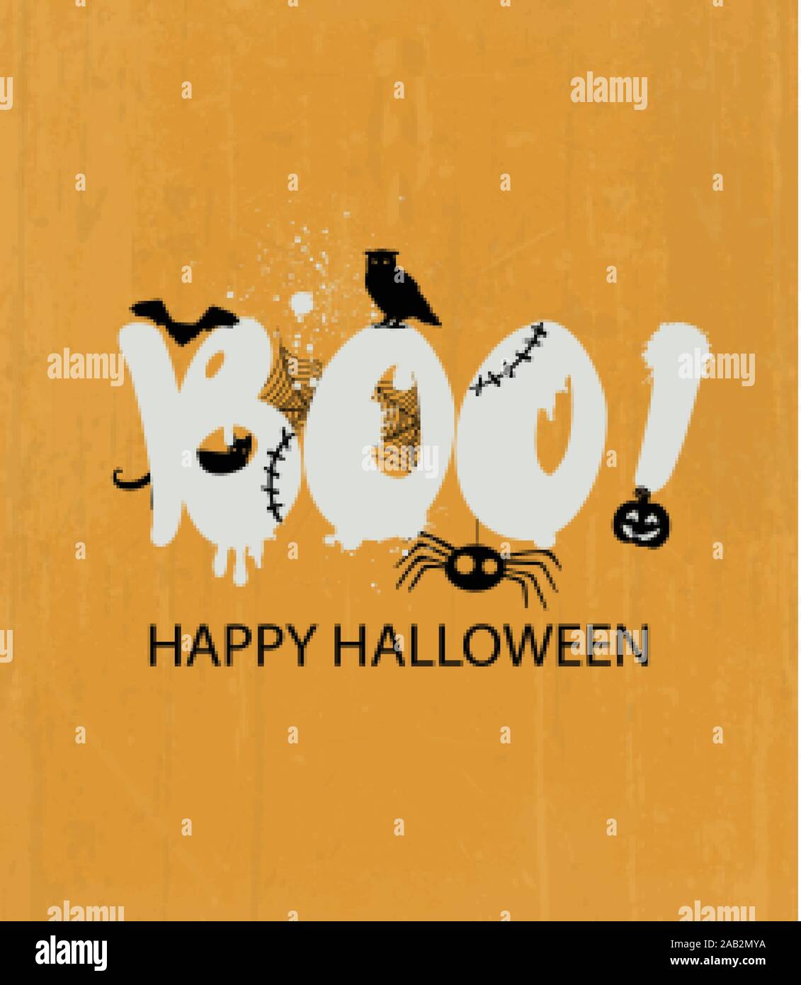 Happy halloween with frightening boo text. Owl, pumpkins, spiders and ...