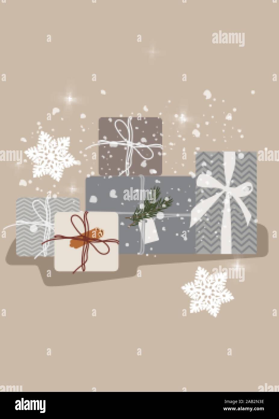 Christmas random sizes gift boxes with ribbons. Snow falling from ...